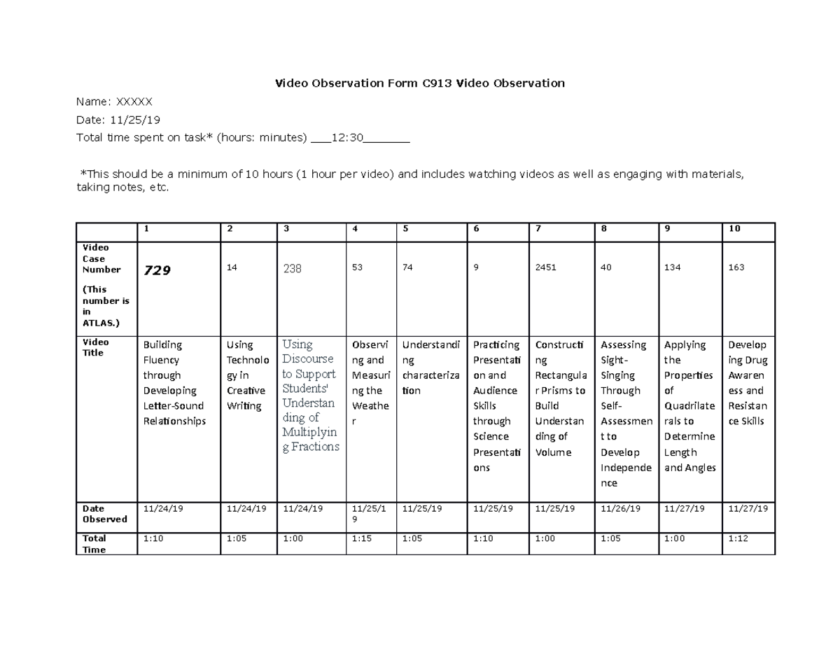 C 913 Video Observation Form - Video Observation Form C913 Video ...