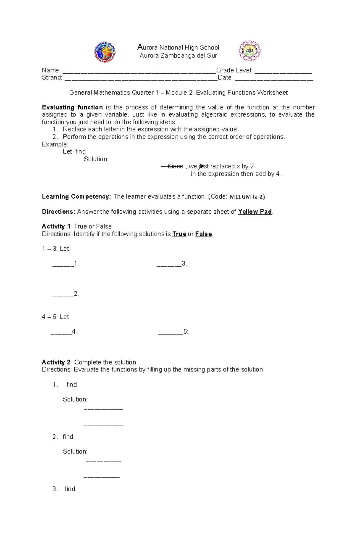 Gen math worksheet 2 for TVL and GAS - Aurora National High School Aurora Zamboanga del Sur Name ...