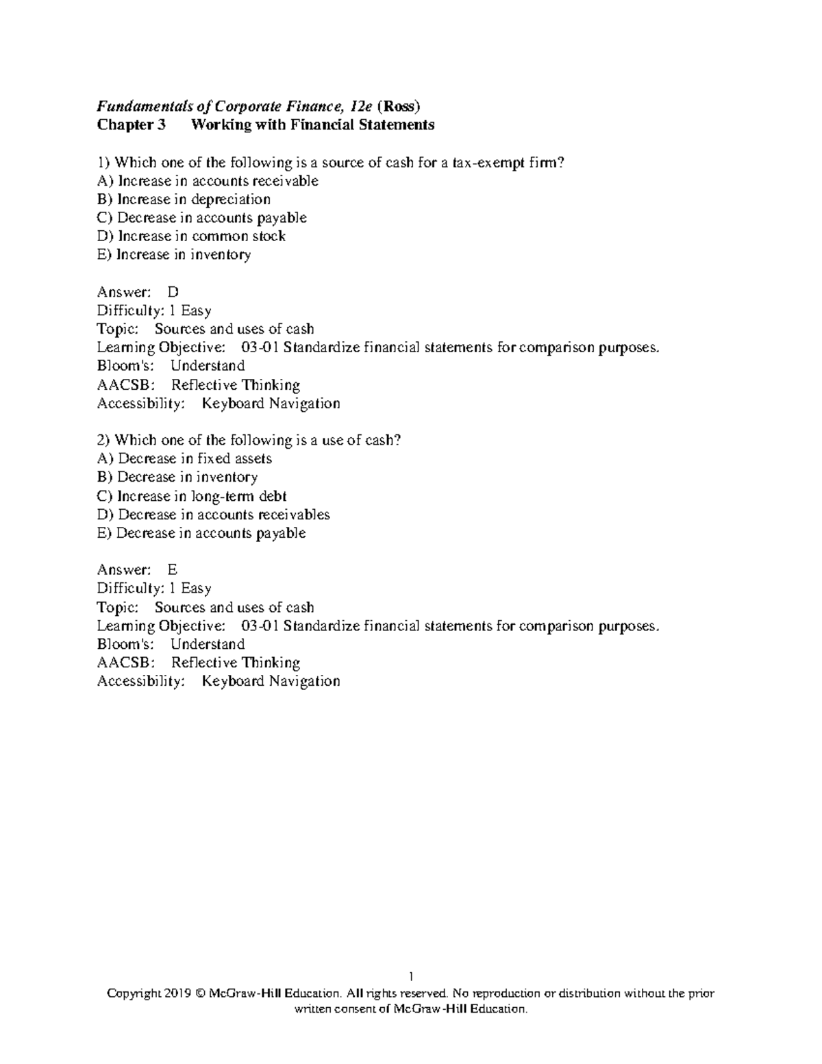 Ross12e Chapter 03 TB Answer Key - 1 Copyright 2019 © McGraw-Hill ...
