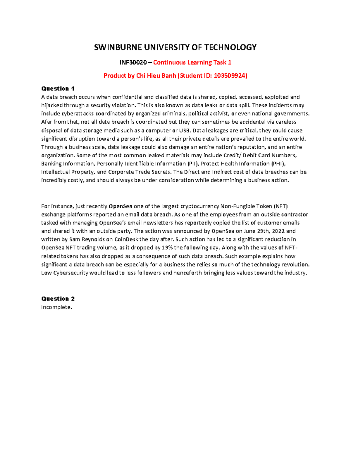 Continuous Learning Assessment 1 Example - SWINBURNE UNIVERSITY OF ...