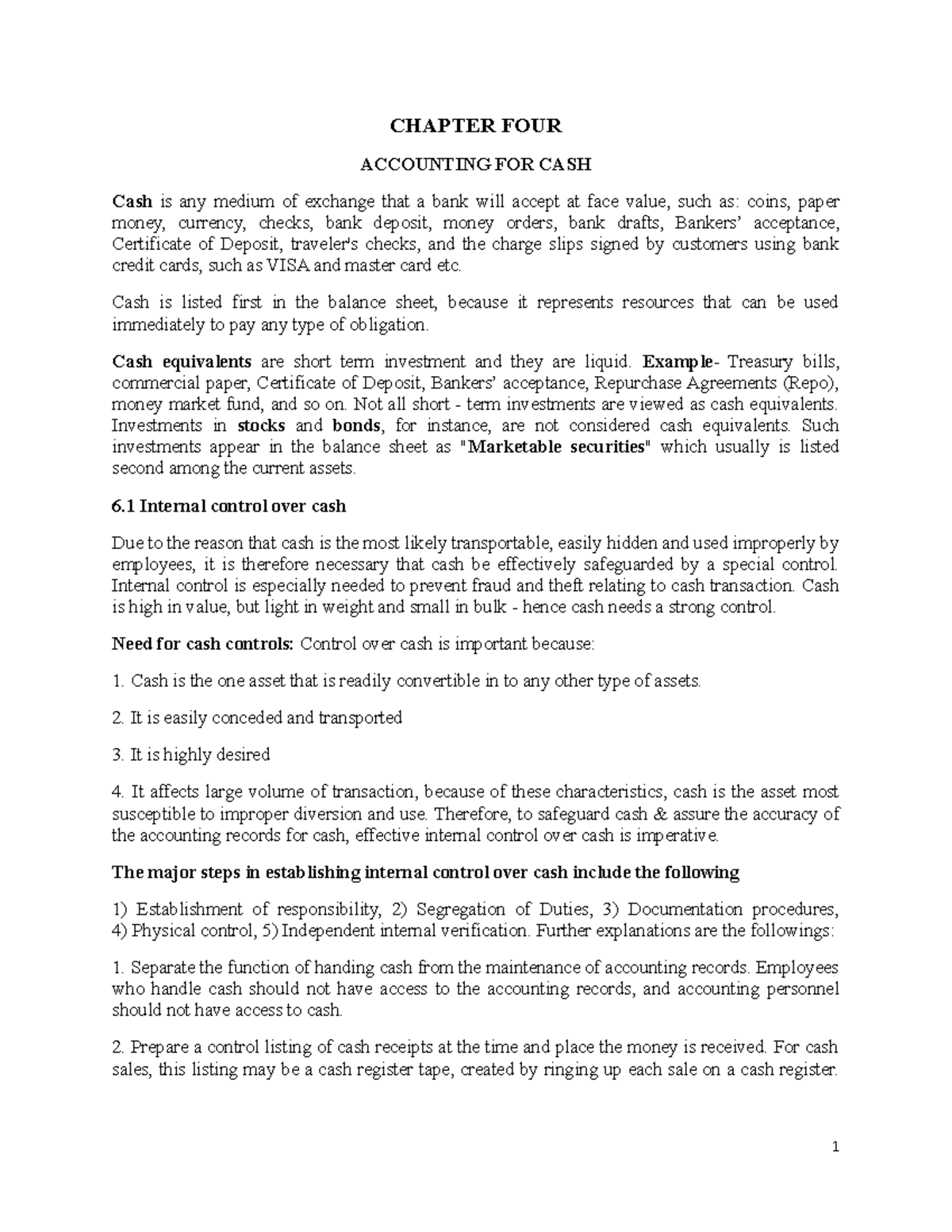 Acc. for Cash - it is good document with brief explanations - CHAPTER ...