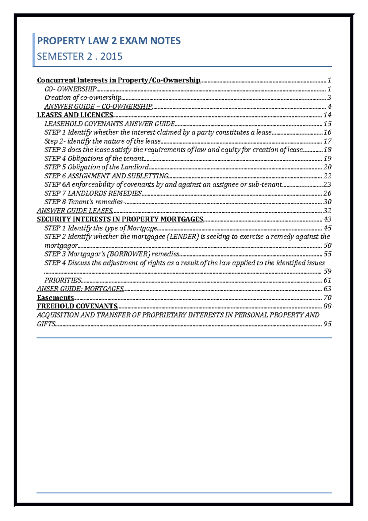 Property LAW 2 EXAM Notes - PROPERTY LAW 2 EXAM NOTES SEMESTER 2 . 2015 ...