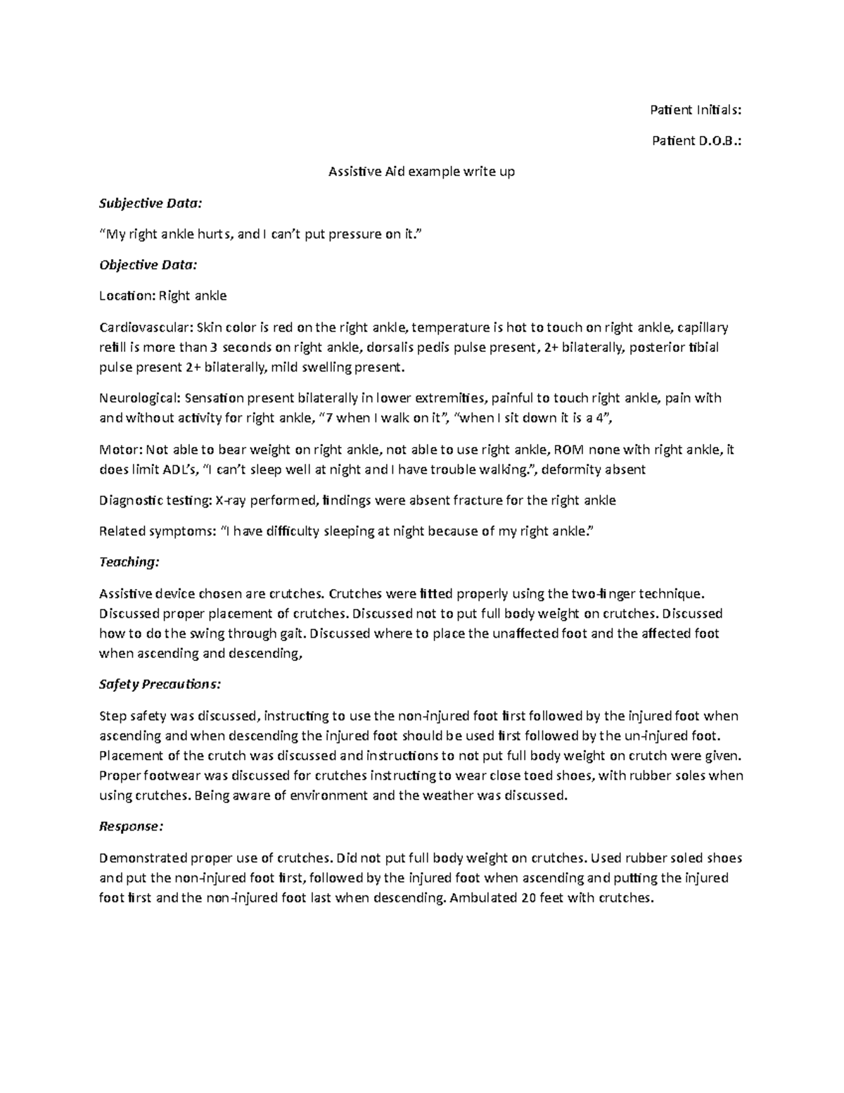 Assistive aid assignment example - Patient Initials: Patient D.O ...