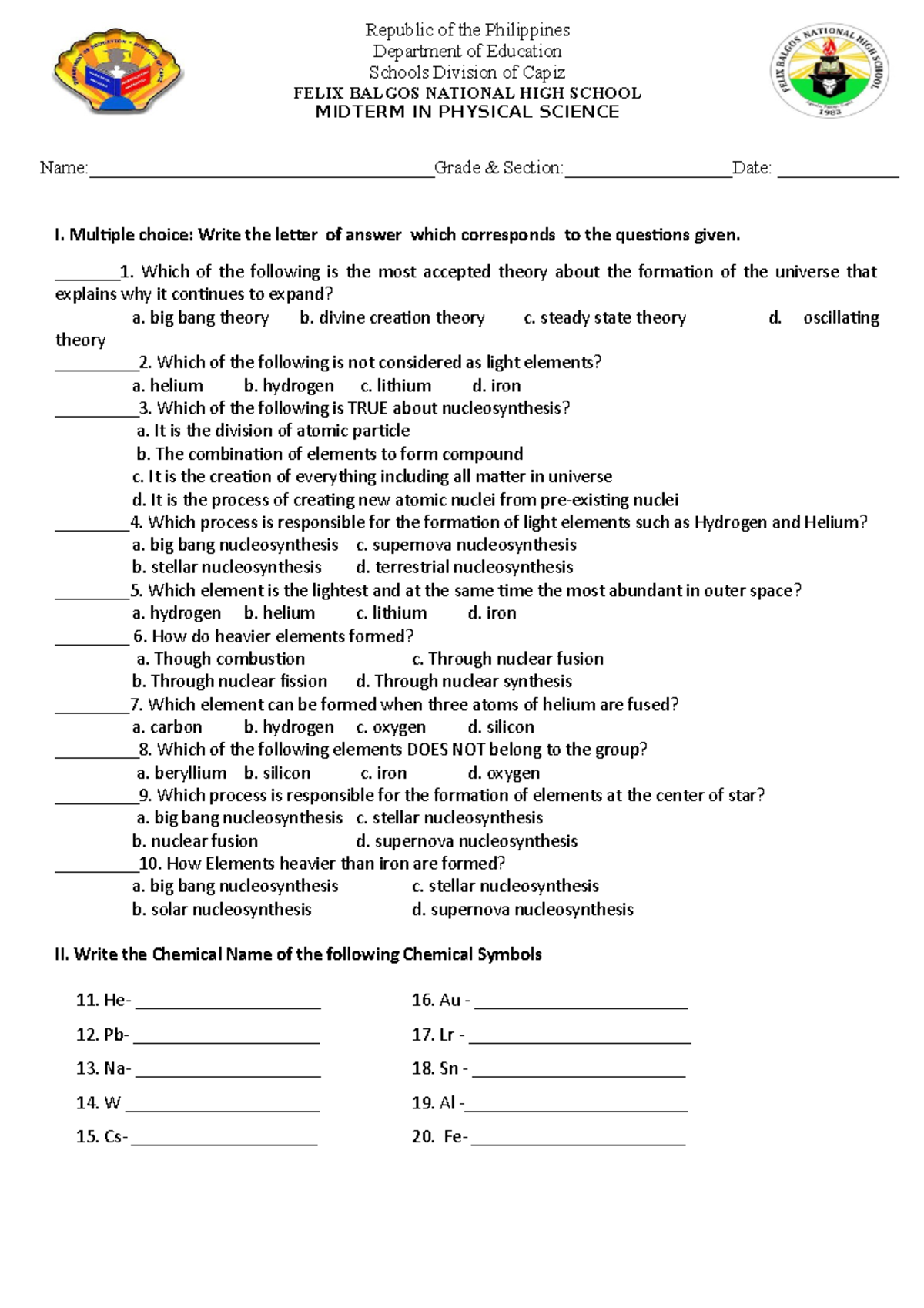 P6-MID - Sample exam in physical science 12 - I. Multiple choice: Write ...