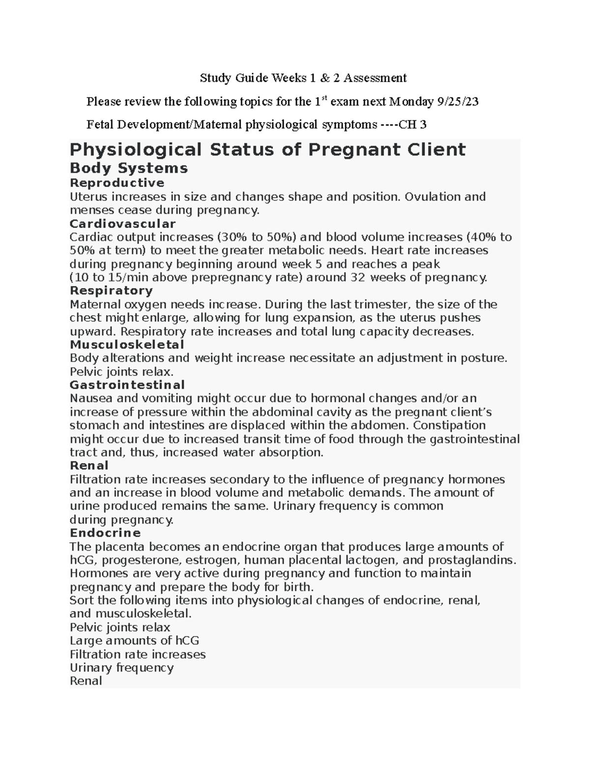 EXAM 1 Maternity - Study guide - Study Guide Weeks 1 & 2 Assessment ...