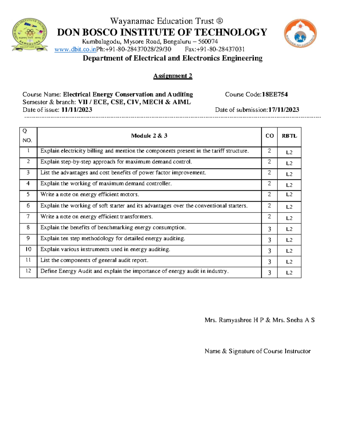 EECA assignment 2 11112023 - Wayanamac Education Trust ® DON BOSCO INSTITUTE OF TECHNOLOGY - Studocu