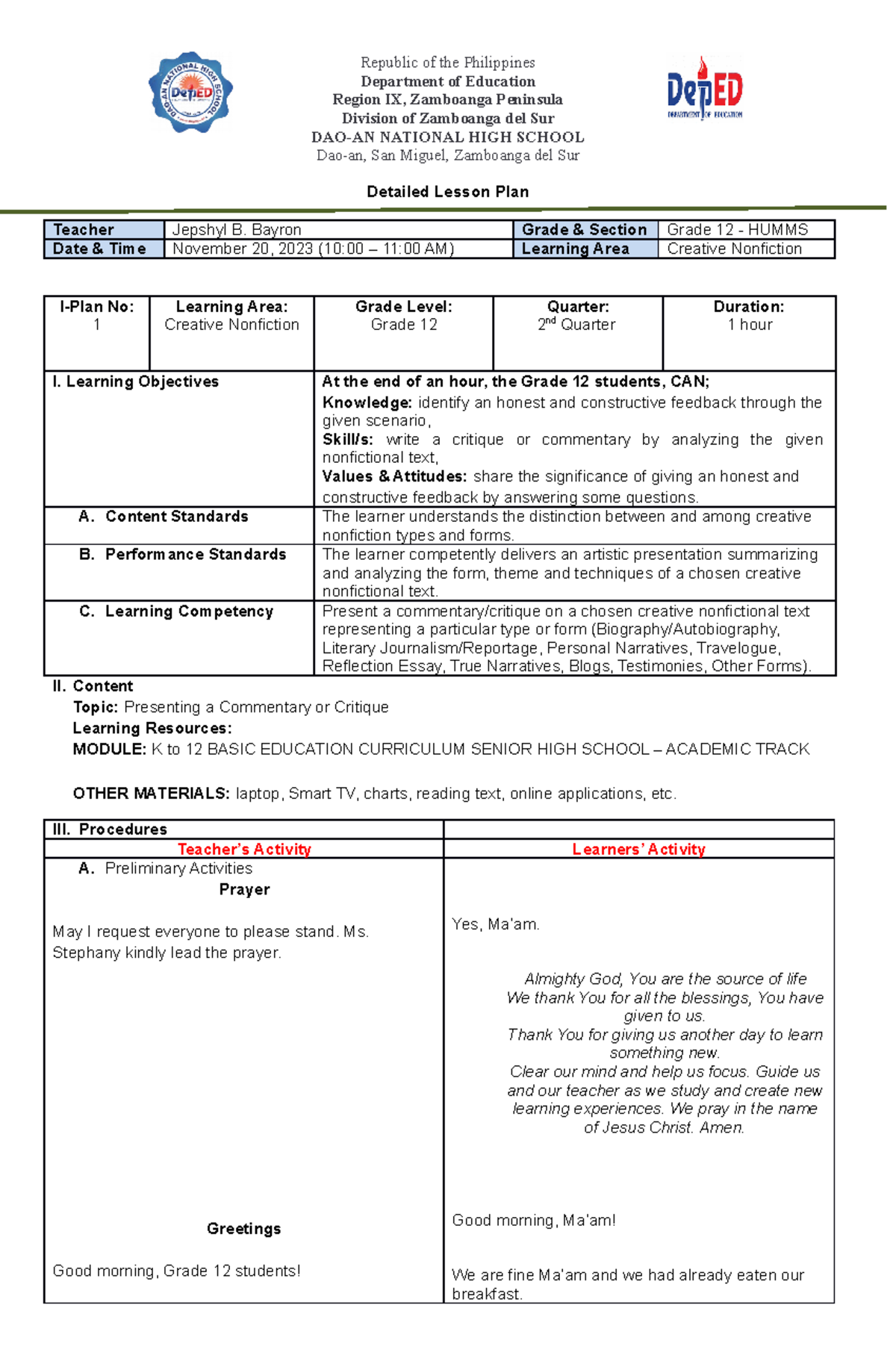 G12 HUMMS Lesson Plan - Republic of the Philippines Department of ...