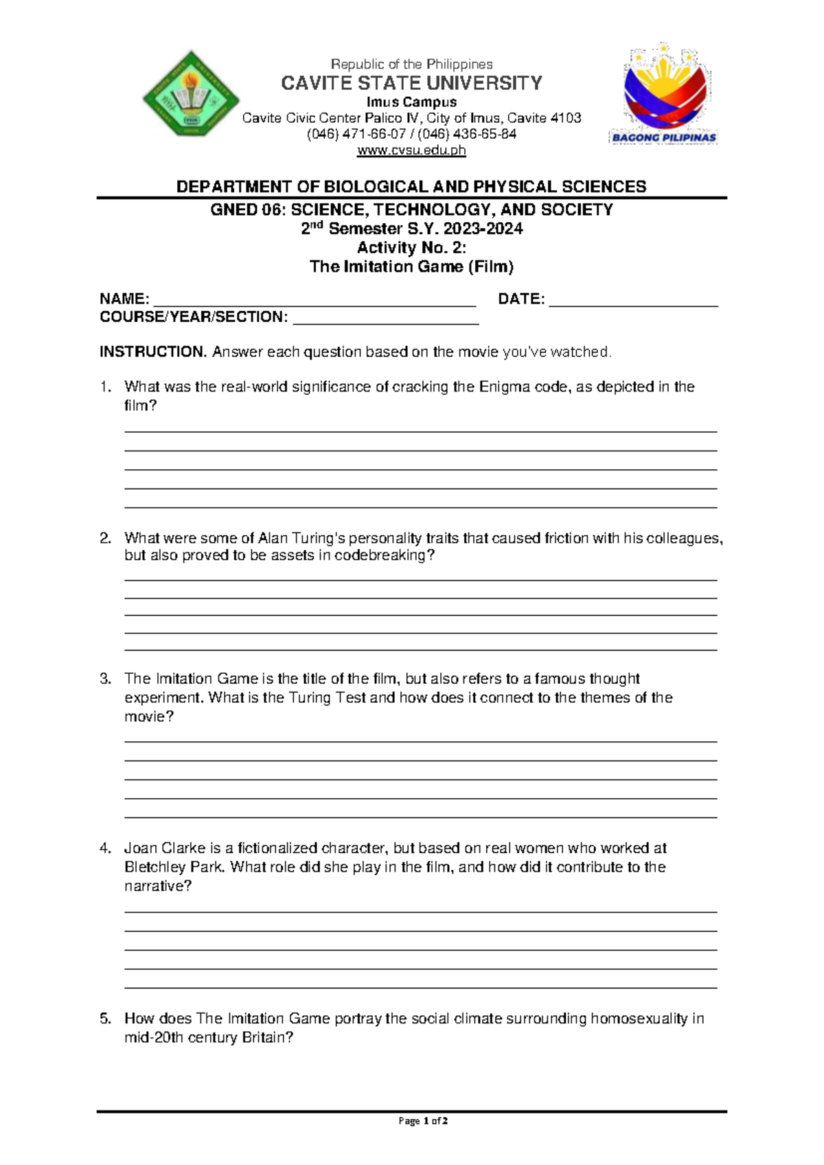 GNED 06 Activity NO - Page 1 of 2 Republic of the Philippines CAVITE ...