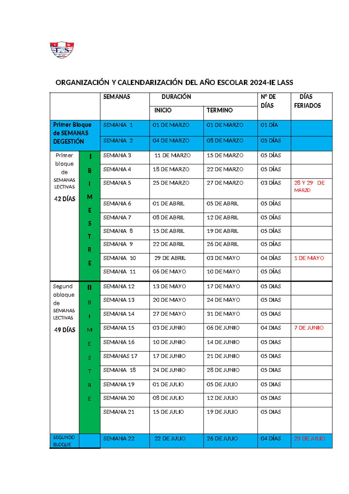 Organización Y Calendarización DEL AÑO Escolar 2024 - ORGANIZACIÓN Y CALENDARIZACIÓN DEL AÑO ...