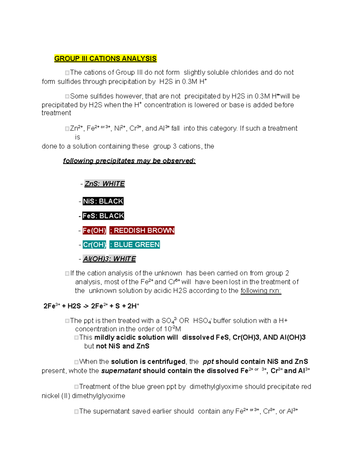 Group III Cations Analysis - GROUP III CATIONS ANALYSIS The cations of ...
