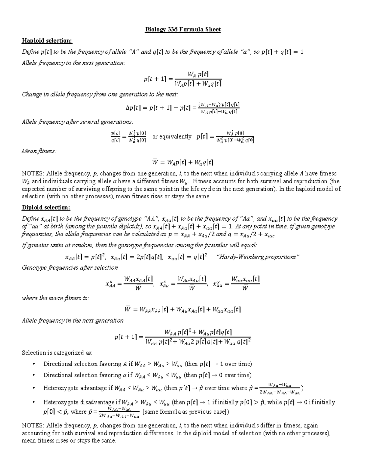 Biol 336 Formula Sheet - Biology 336 Formula Sheet Haploid selection ...