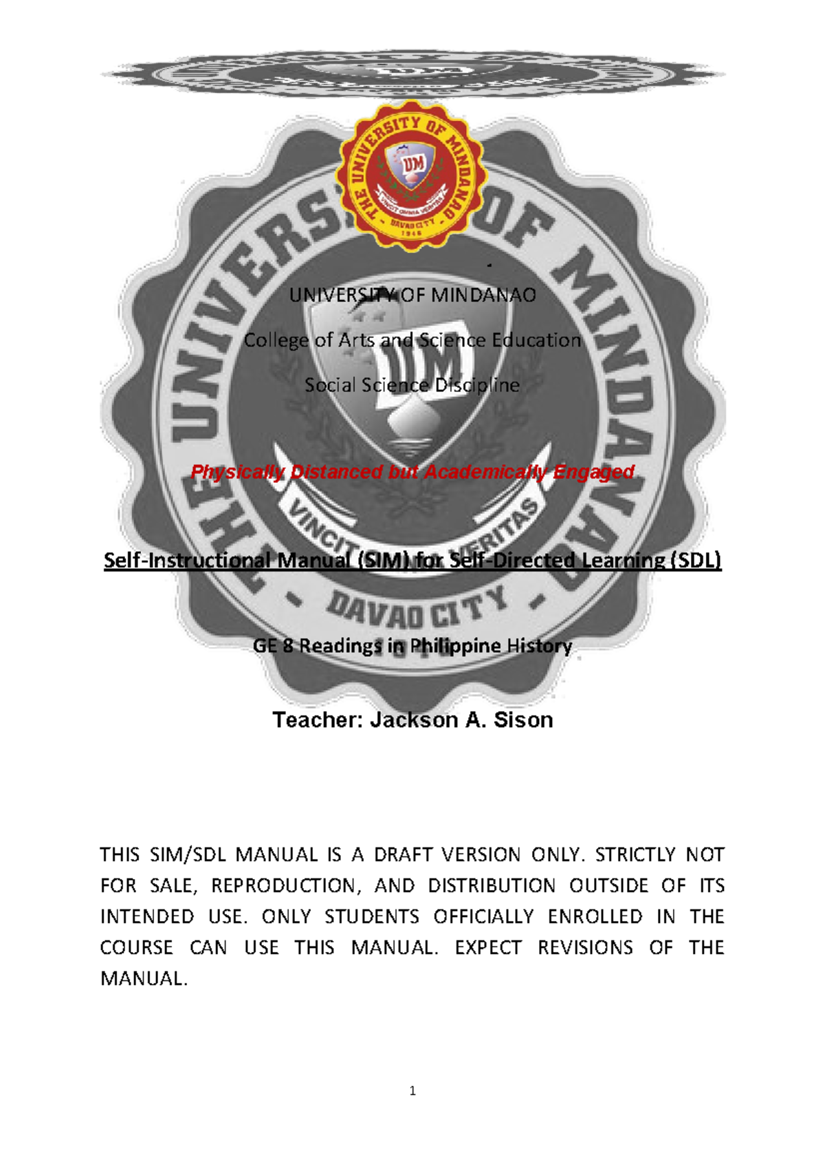 GE8-module-SIM-APS approved - Uni UNIVERSITY OF MINDANAO College of ...