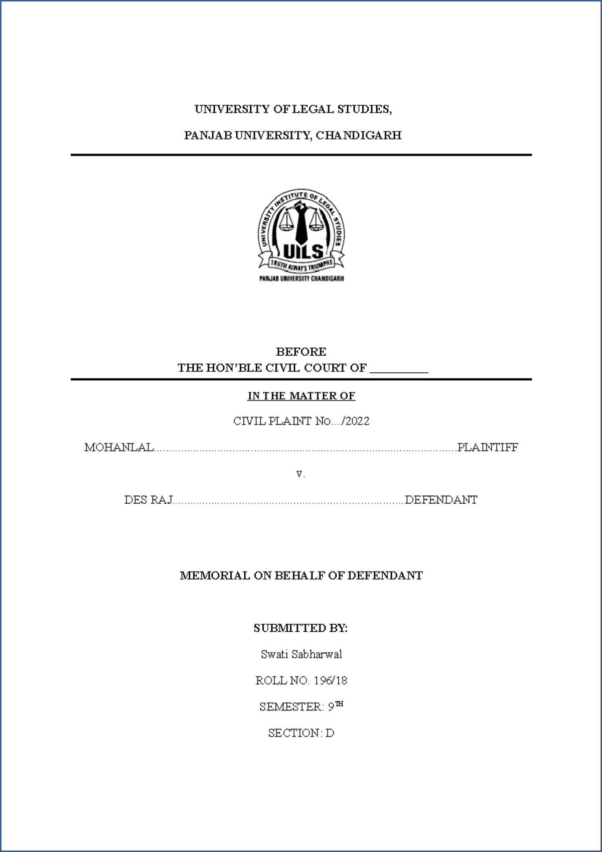 MOOT 1 MEMO Final - MOOT MEMO CIVIL LAW - UNIVERSITY OF LEGAL STUDIES ...