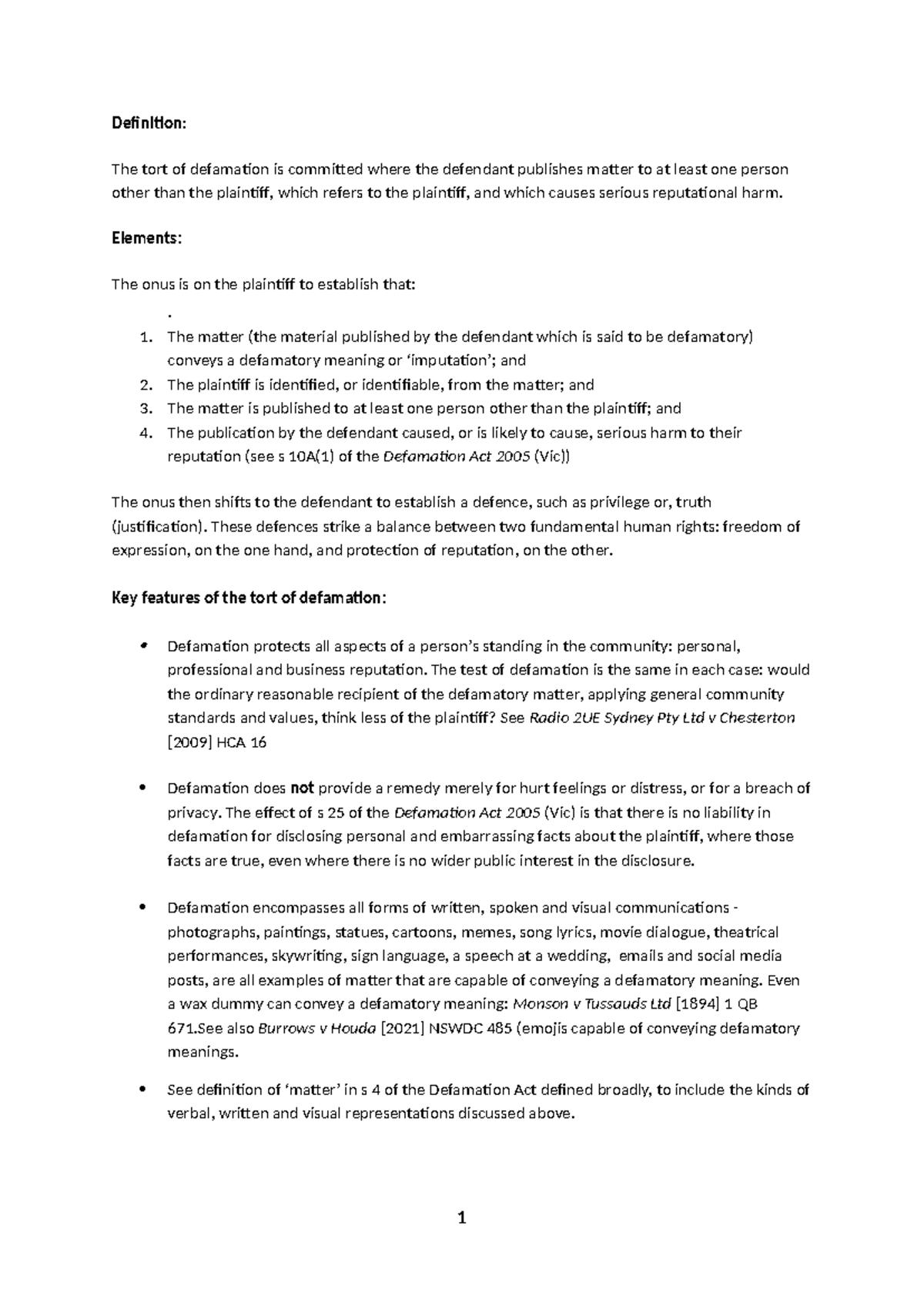 Summary of key defamation law concepts - definition and elements of ...