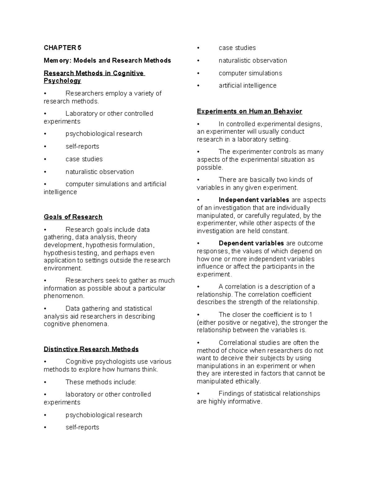 Cogpsych reviewer - CHAPTER 5 Memory: Models and Research Methods Research Methods in Cognitive ...