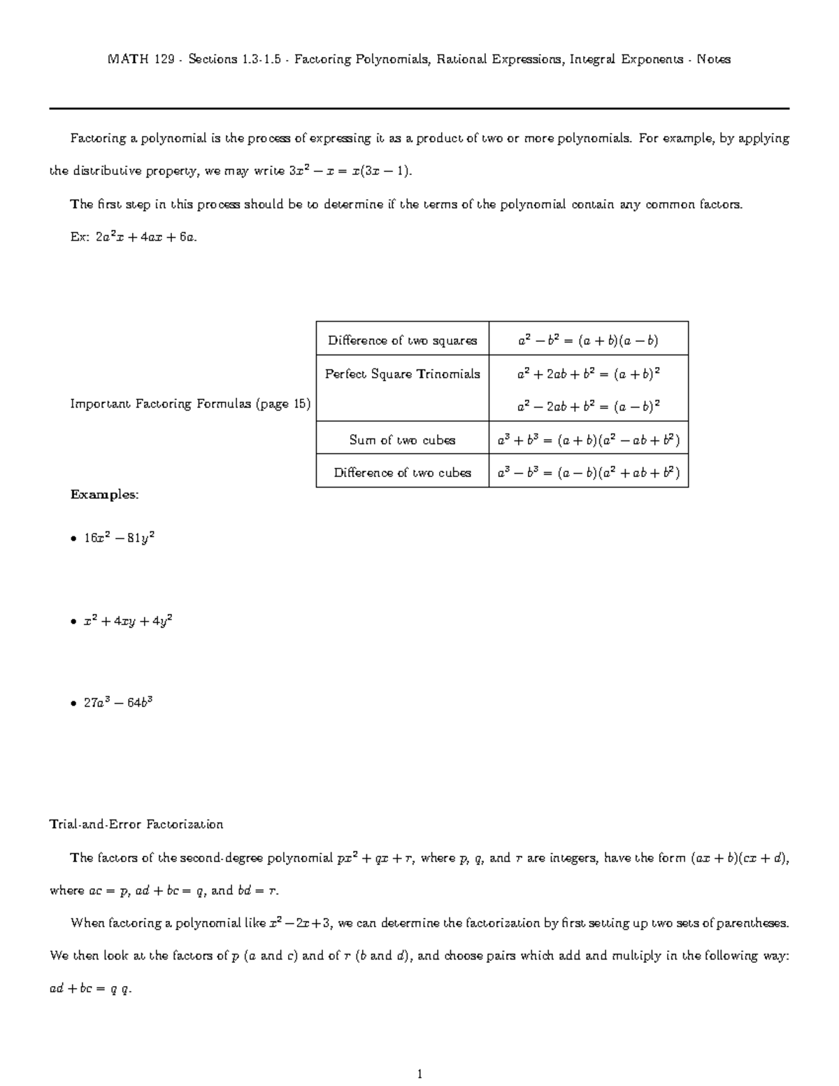 MATH129 Fall2022Sections 1 - MATH 129 - Sections 1.3-1 - Factoring ...