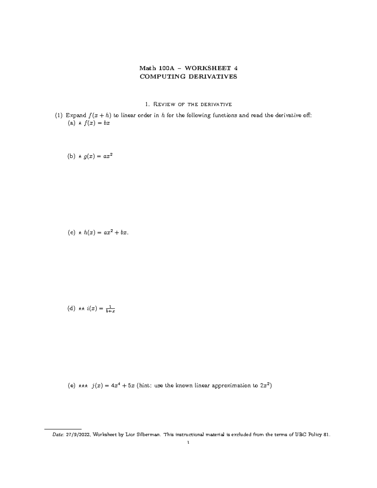 04 Deriv Arithmetic - math 100 practice - Math 100A – WORKSHEET 4 ...