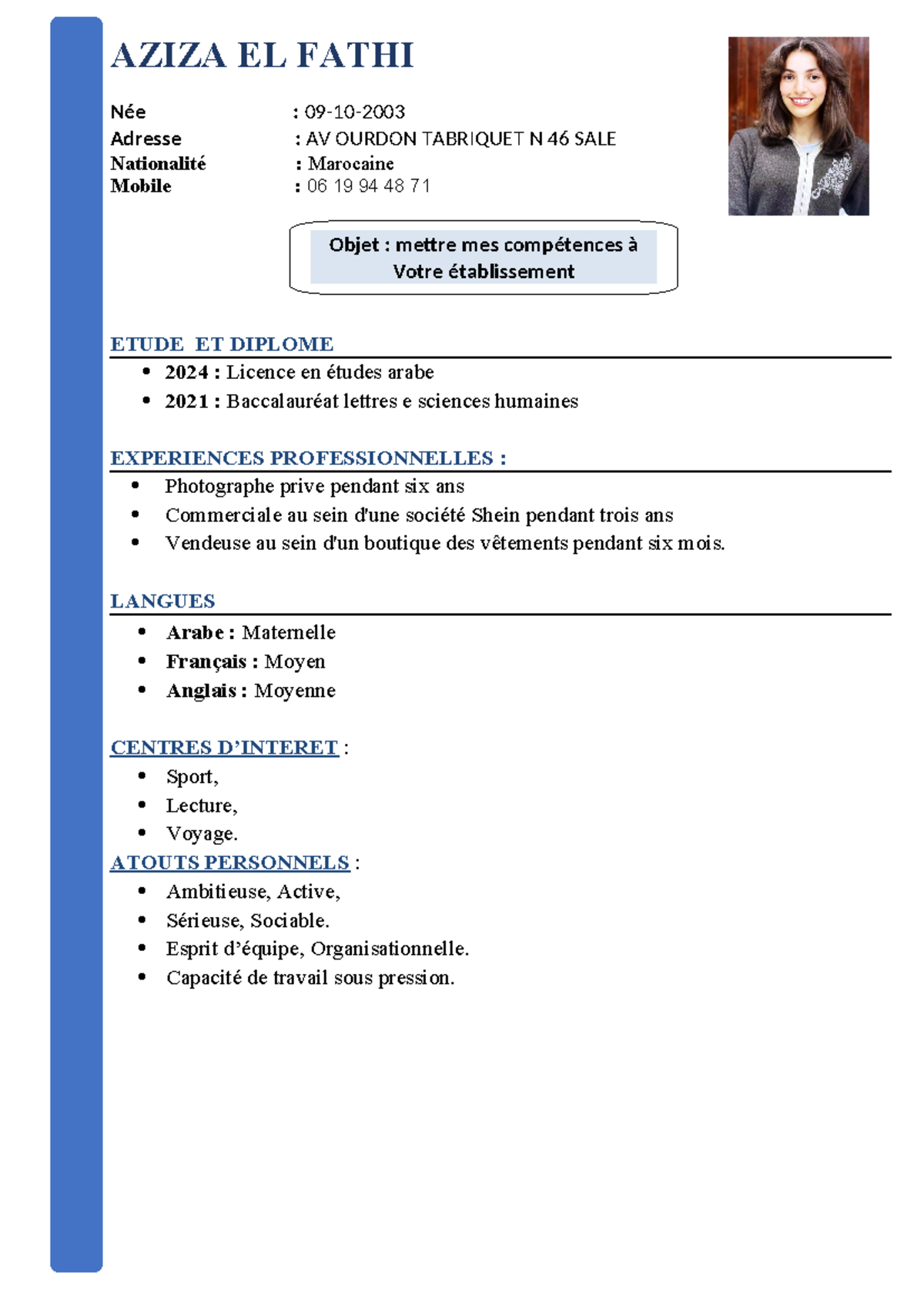 Aziza EL Fathi - WXC - AZIZA EL FATHI Née : 09-10- Adresse : AV OURDON ...
