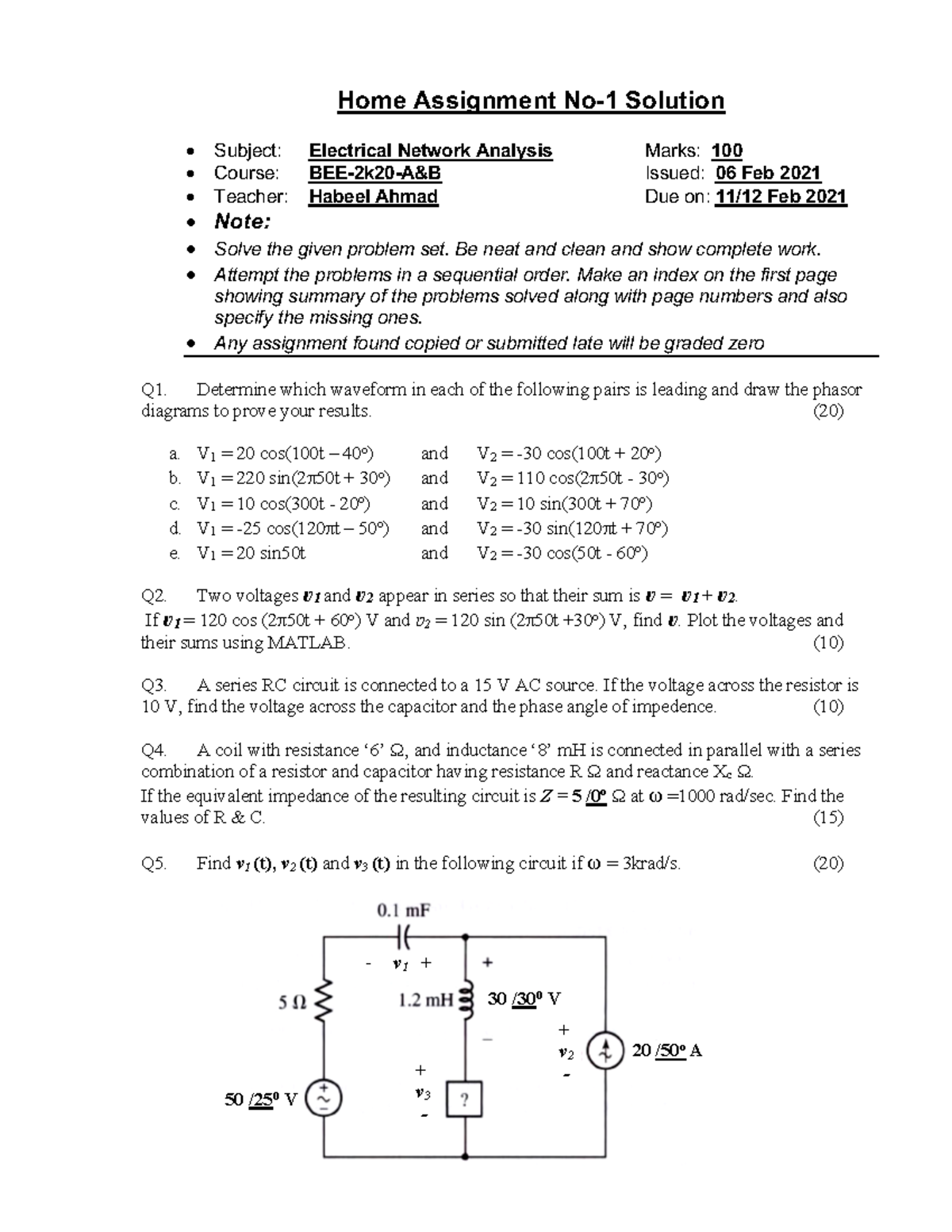 ENA BEE 2k20AB Home Assgn 1 - Home Assignment No-1 Solution Subject: Electrical Network Analysis ...