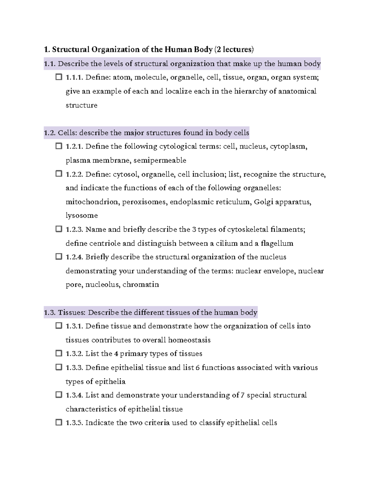 Anatomy 1 checklist (in depth) - Structural Organization of the Human ...