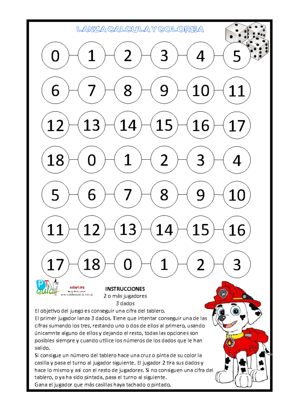 Juego Matem tica Calcula Y Colorea 3 Dados 0 1 2 3 4 5 6 7 8 9 10 11