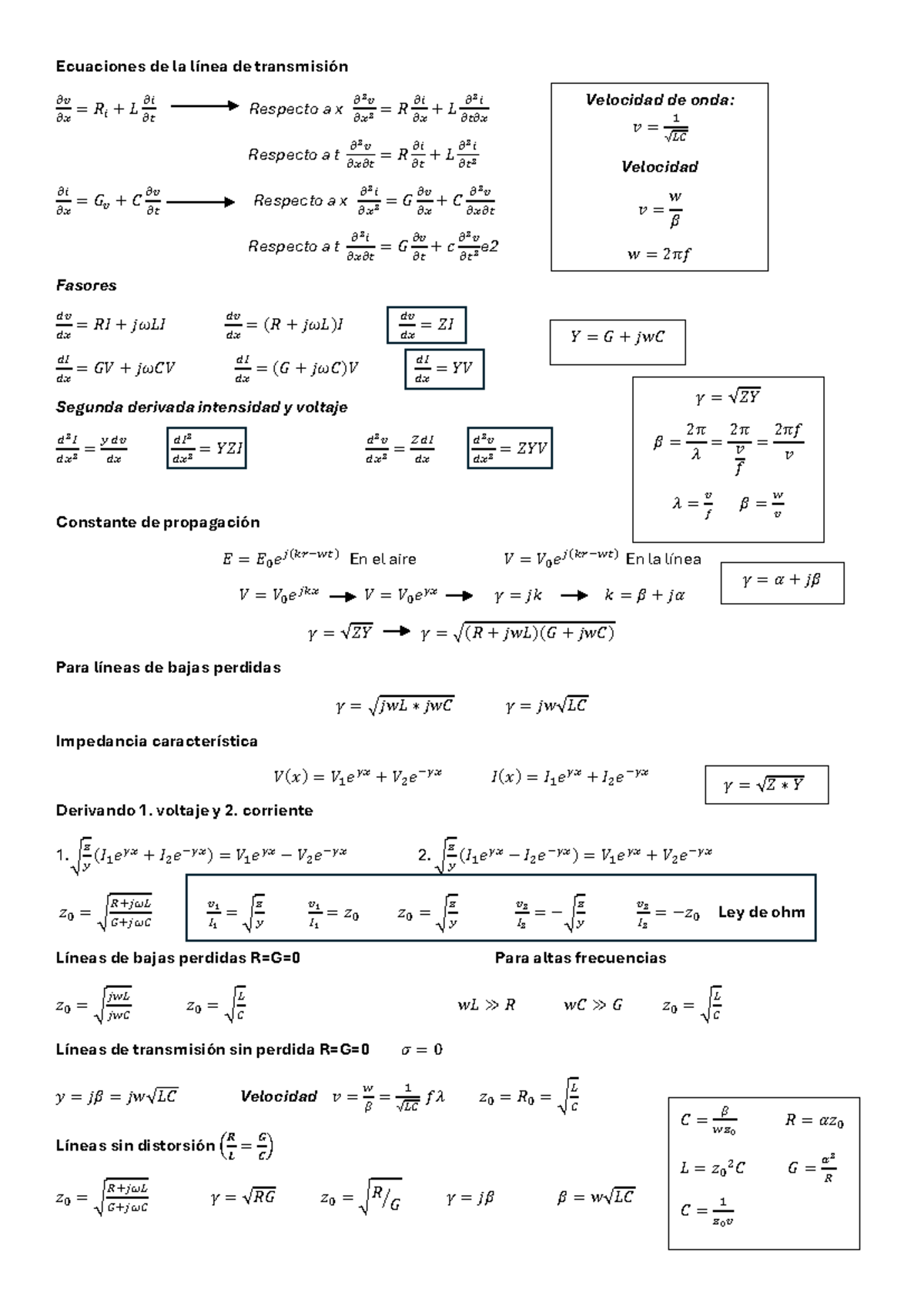 Formulario - lineas de transmision - Ecuaciones de la línea de ...