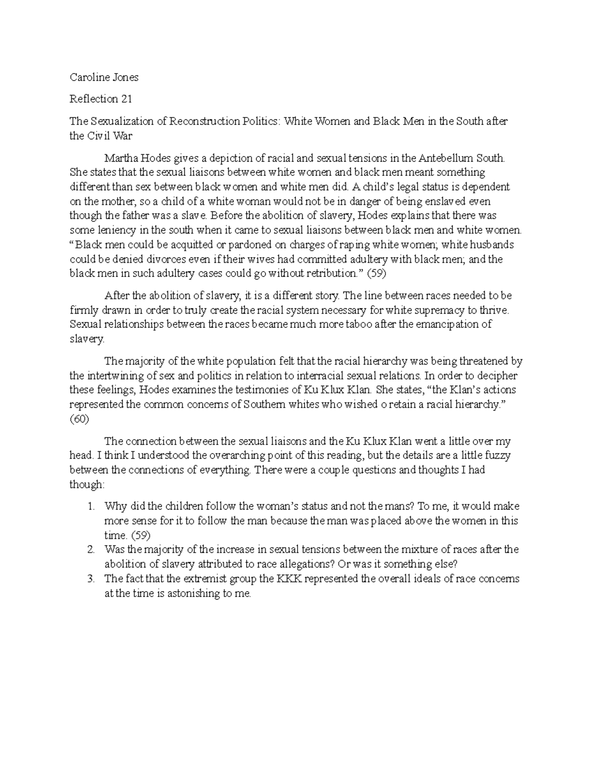 Ref wcj 21 - wcj homework reflection over readings - Caroline Jones ...