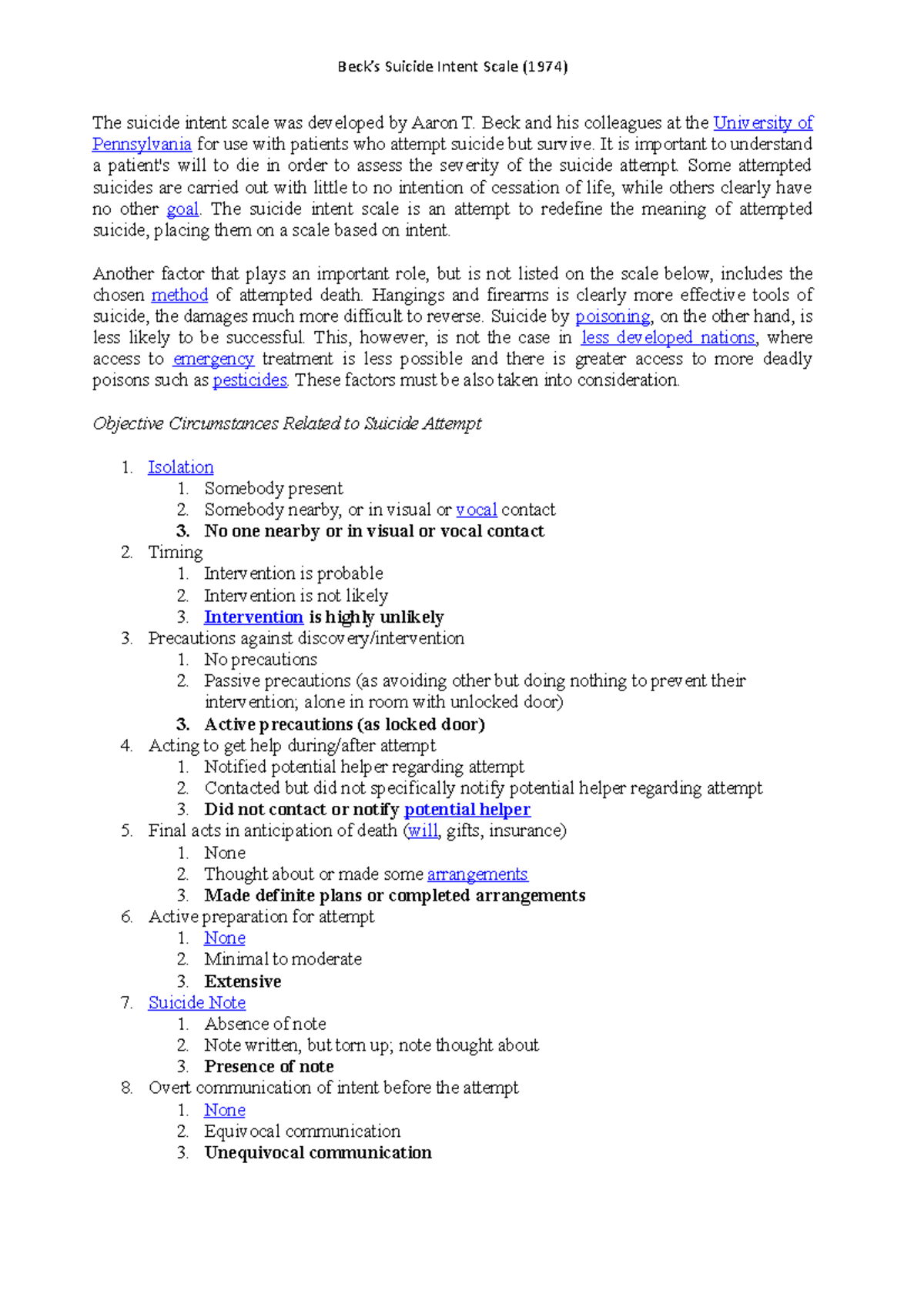 Suicidal risk assessment - becks suicide intent scale - Beck’s Suicide ...