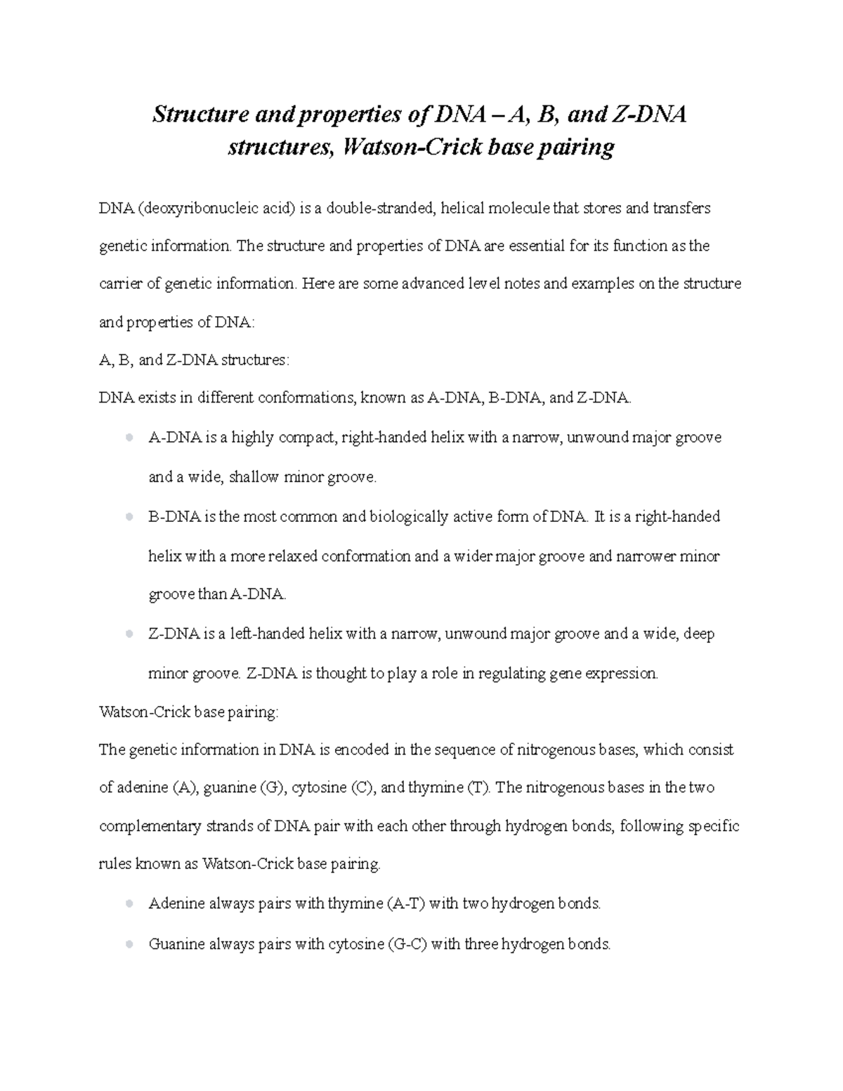 Notes on Structure and properties of DNA – A, B, and Z-DNA structures ...