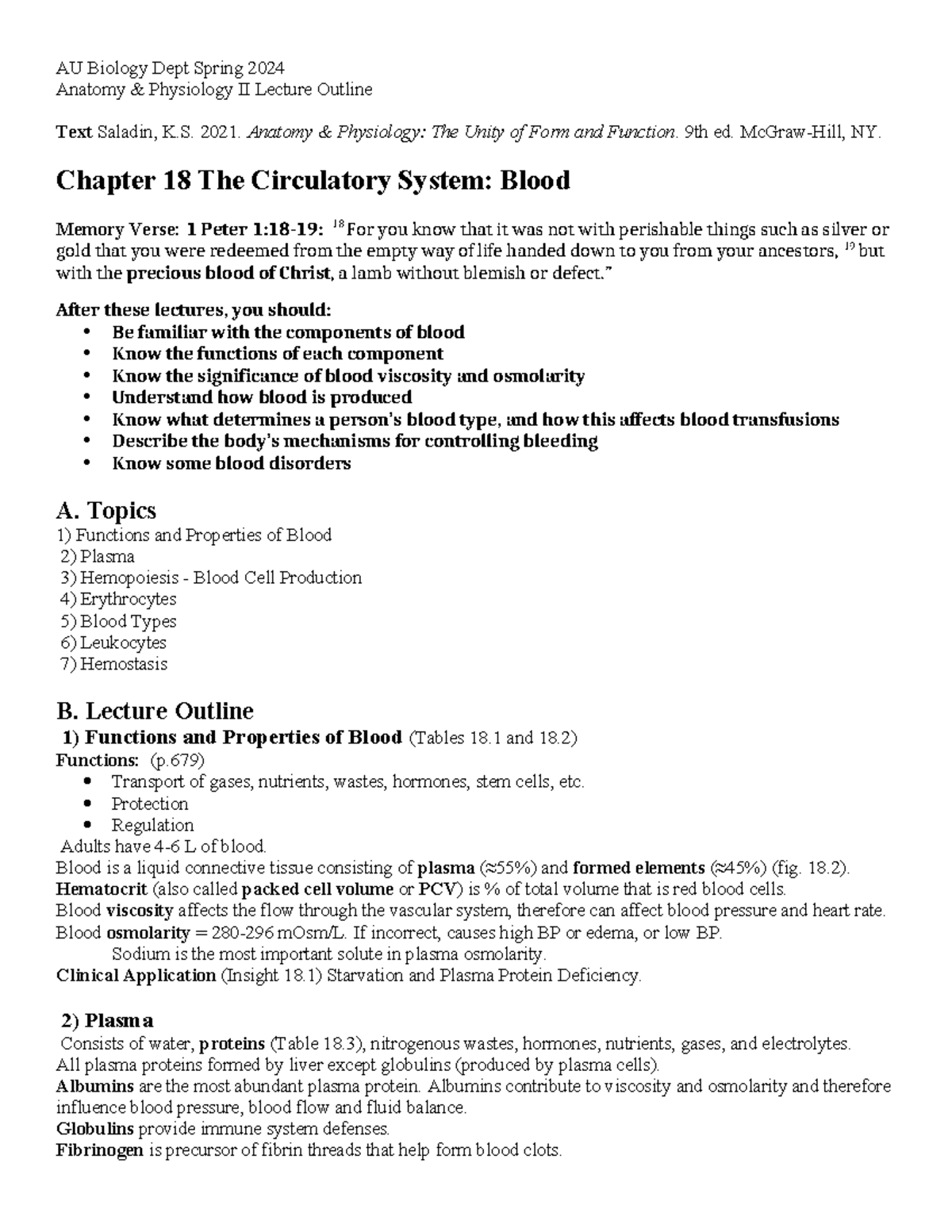 Ch18 Blood lec outline 2016 - AU Biology Dept Spring 2024 Anatomy ...