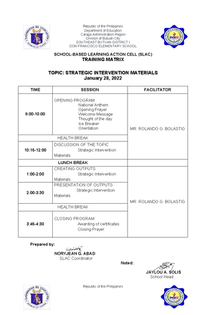 Complete cover page for School Forms - S F 1 Republic of the ...