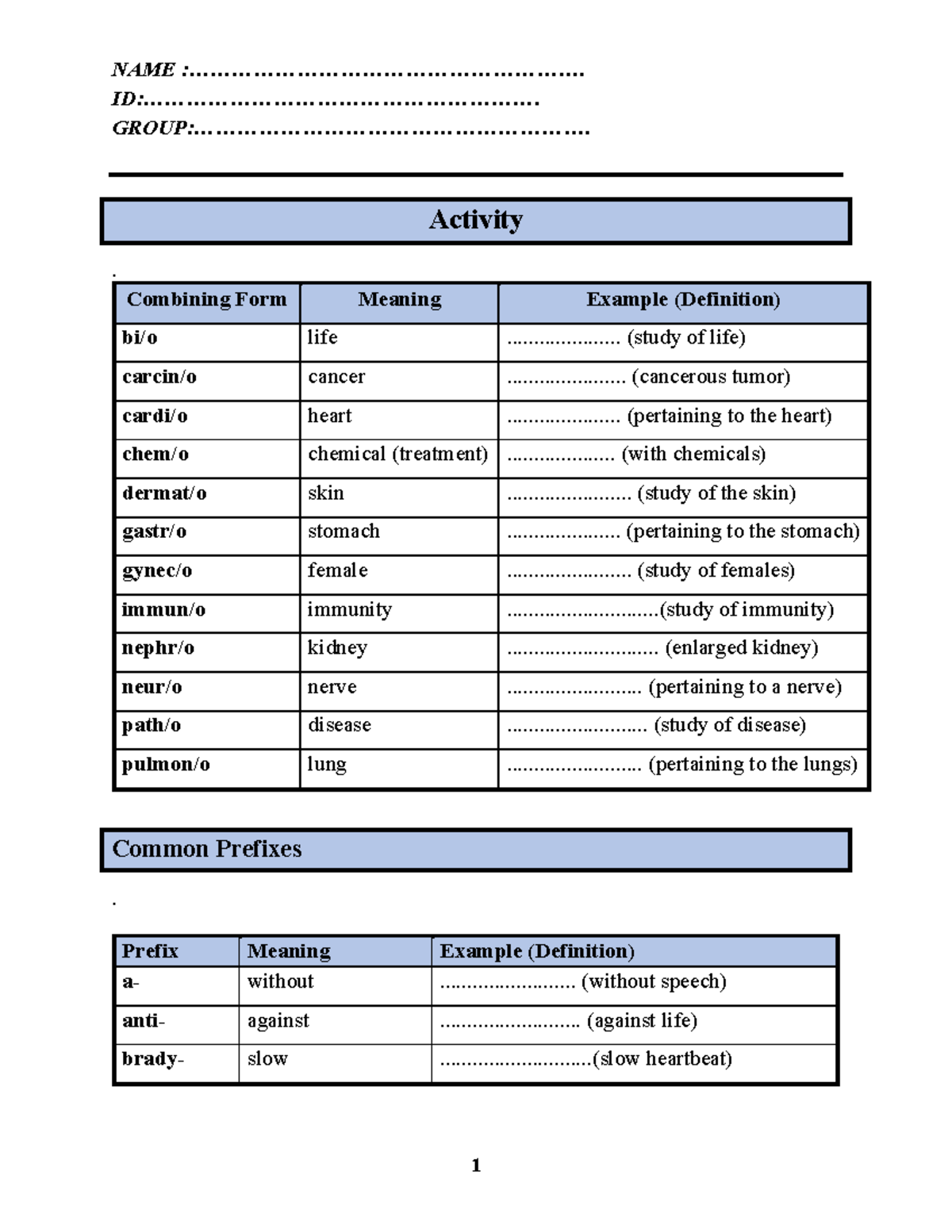 Medical Terminology activity-1 - NAME