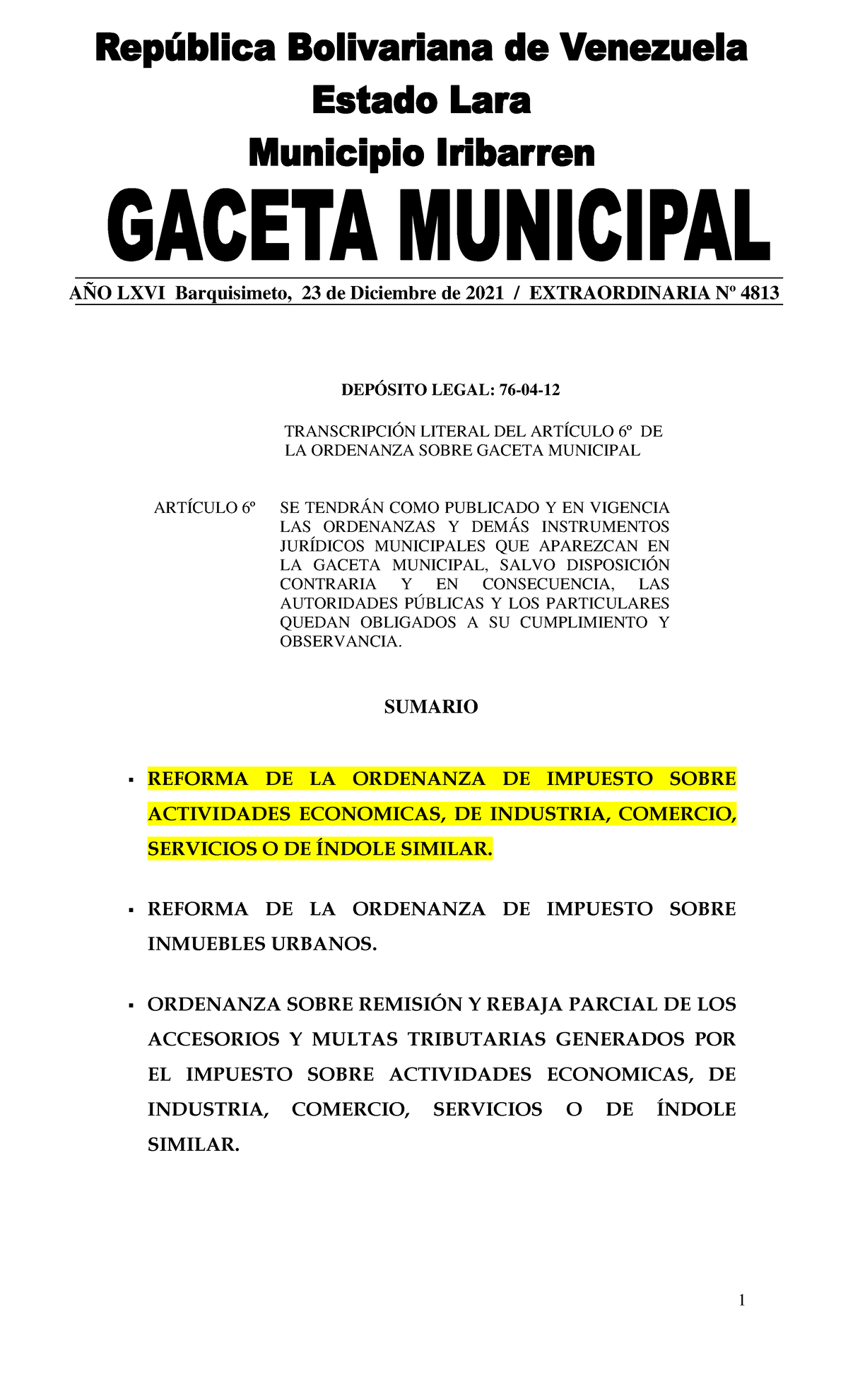 Gaceta Municipal 4813 ORD - AÑO LXVI Barquisimeto, 23 de Diciembre de ...