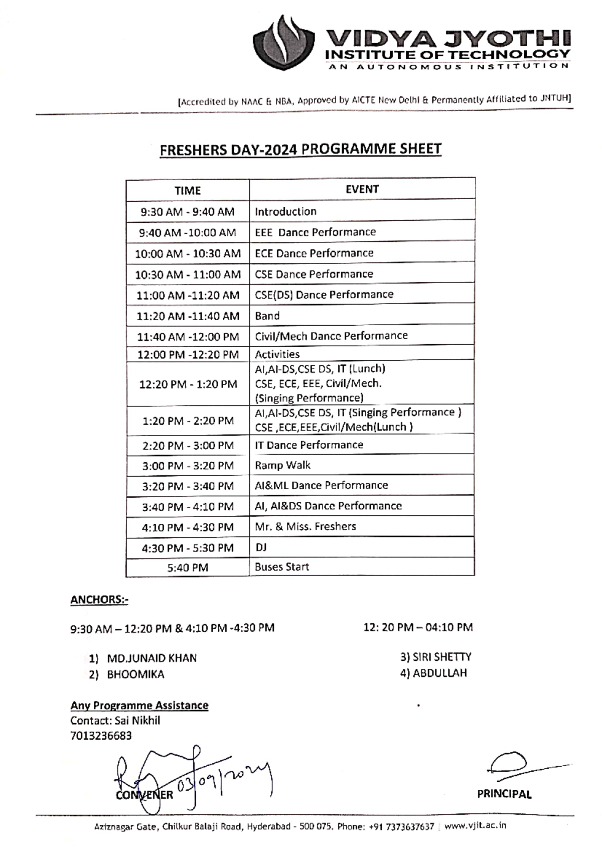 Freshers Day 2024 Program Sheet (04.10.2024) - VIDYA JYOTHI INSTITUTE ...