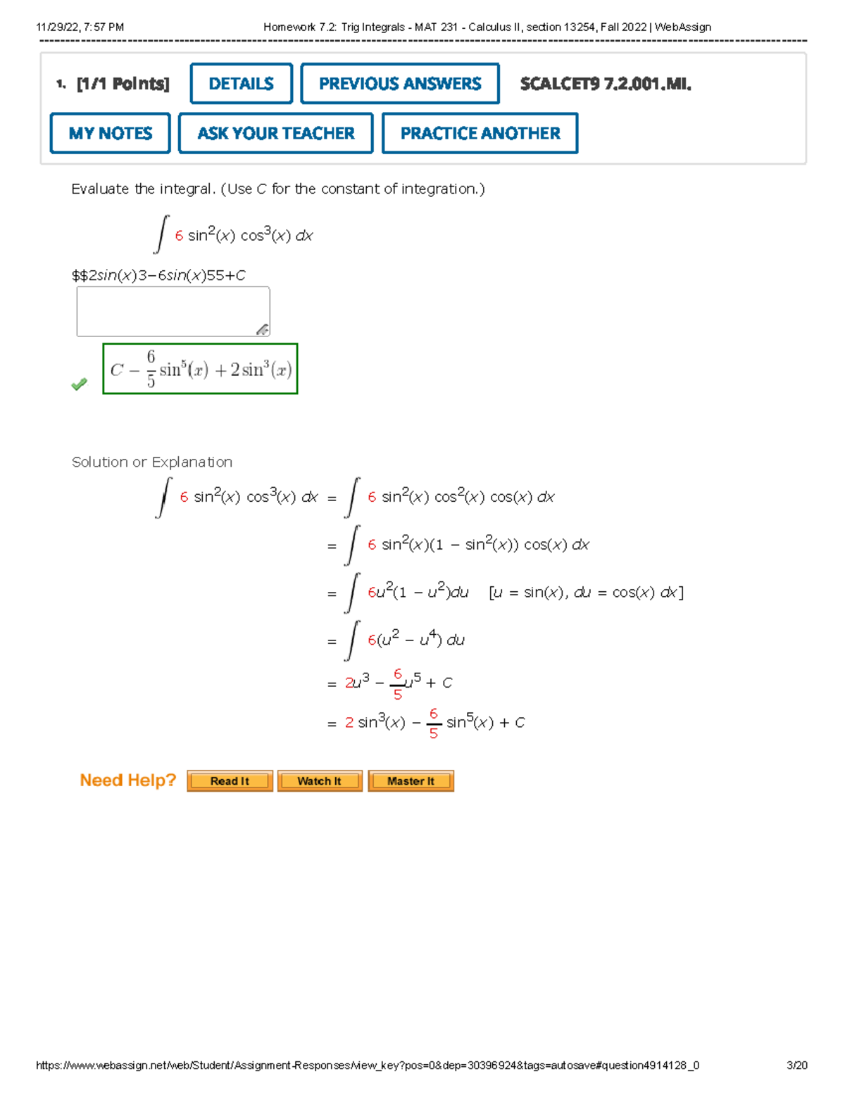 Homework 7.2 Trig Integrals - MAT 231 - Calculus II, section 13254 ...