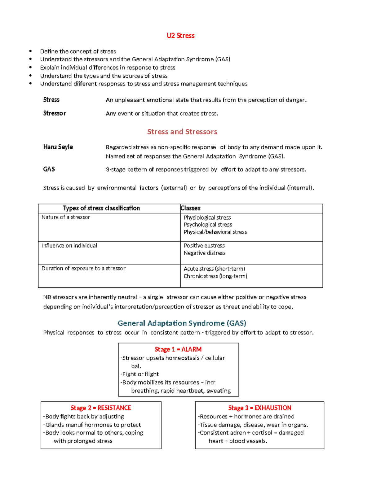 PYC1502 2. Stress - Chapter 2 study notes - U2 Stress Define the ...