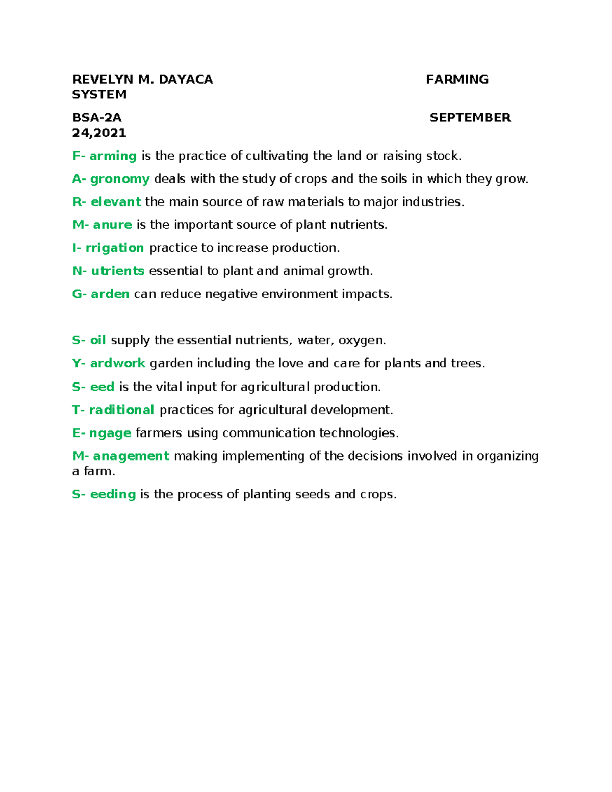 CROP SCI 13 Revelyn M. Dayaca- Activity 2 - REVELYN M. DAYACA FARMING SYSTEM BSA-2A SEPTEMBER 24 ...