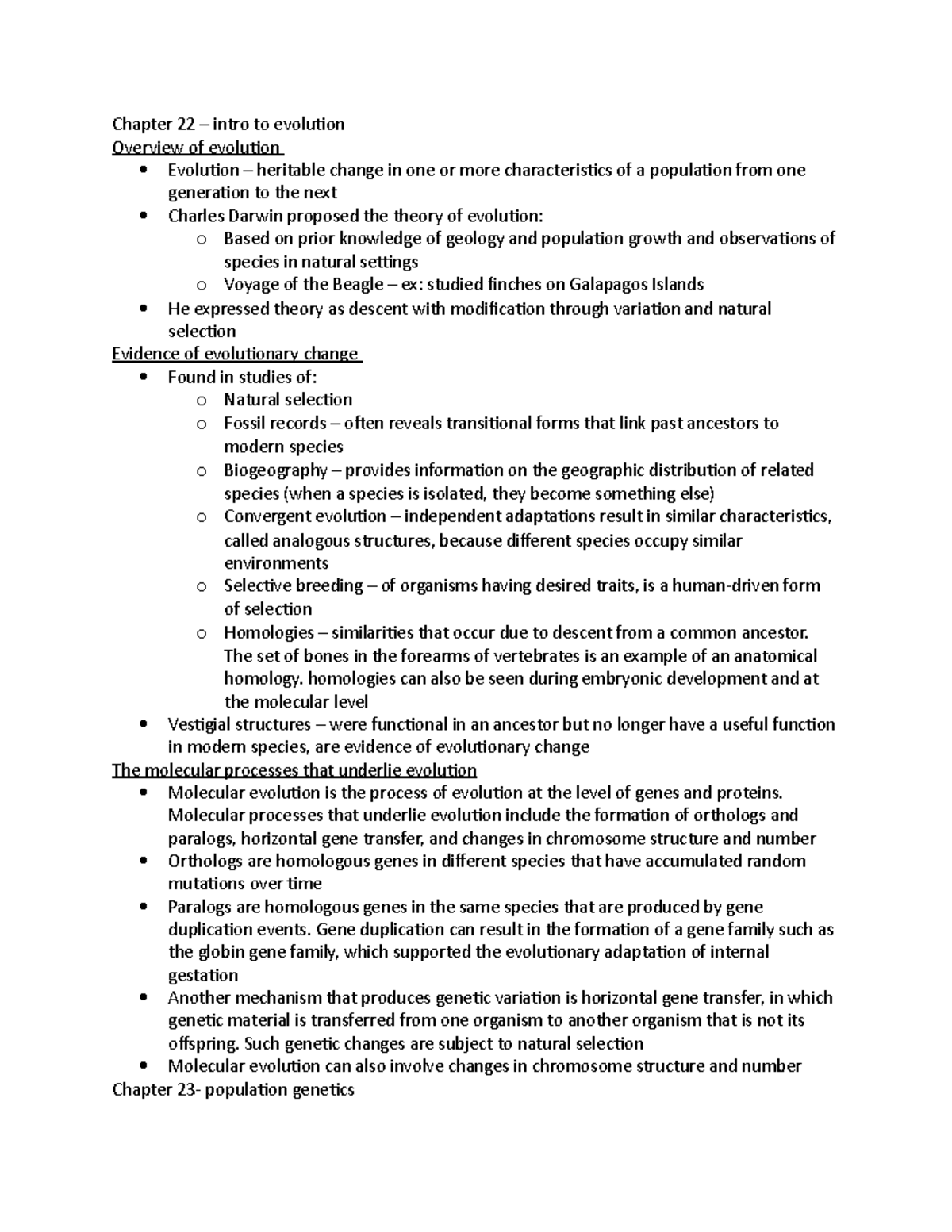 Bio final study guide pt 1 - Chapter 22 – intro to evolution Overview ...