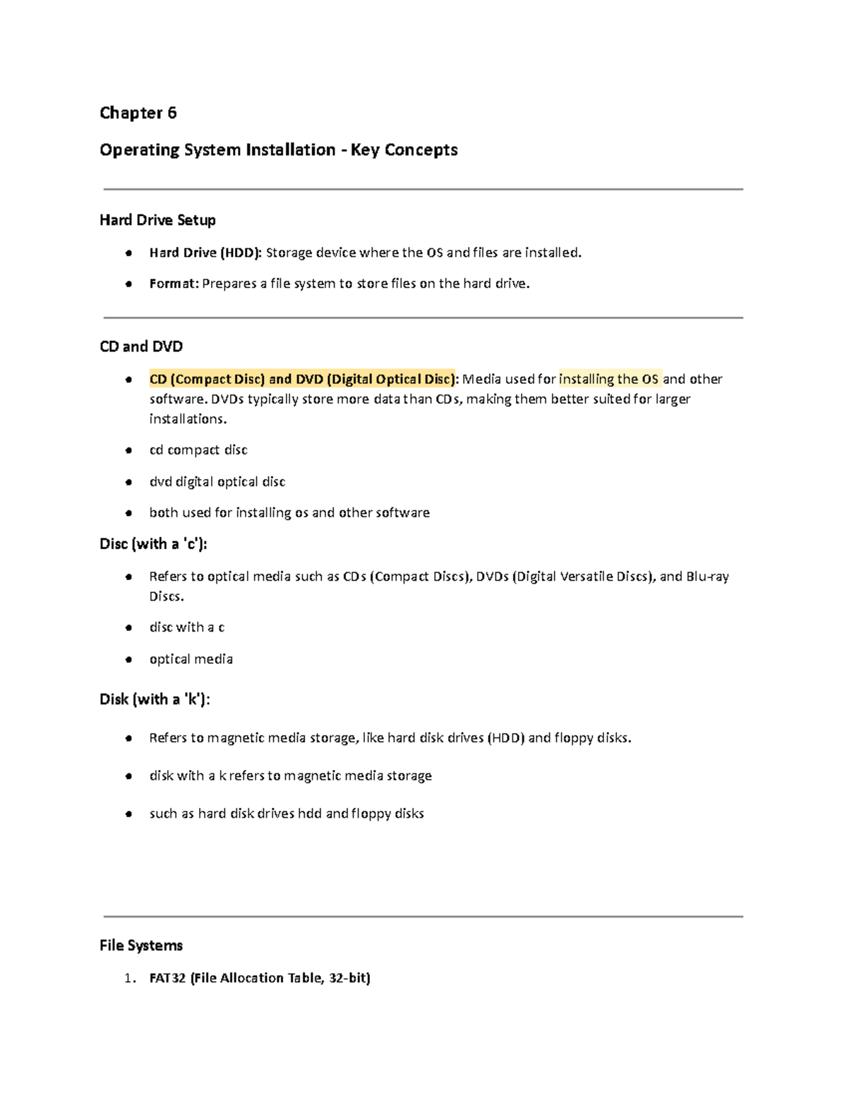PCAS- Reviewer- Midterm - Chapter 6 Operating System Installation - Key Concepts Hard Drive ...