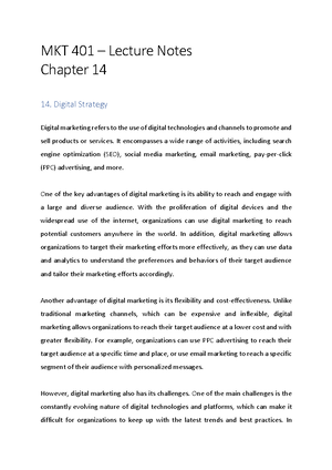 MKT 401 Notes Chapter 1 to 3 - MKT 401 – Lecture Notes Chapter 1 1 ...