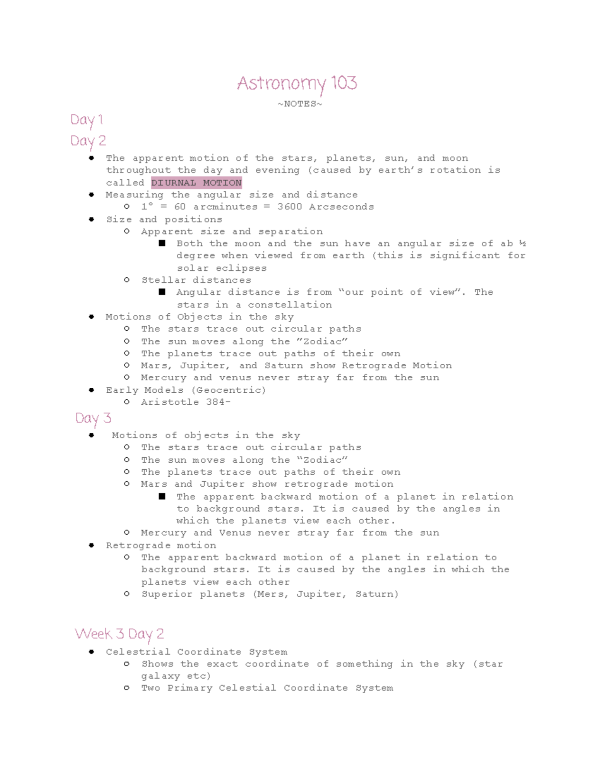 Astronomy 103 - Notes from class - Astronomy 103 NOTES Day 1 Day 2 The ...