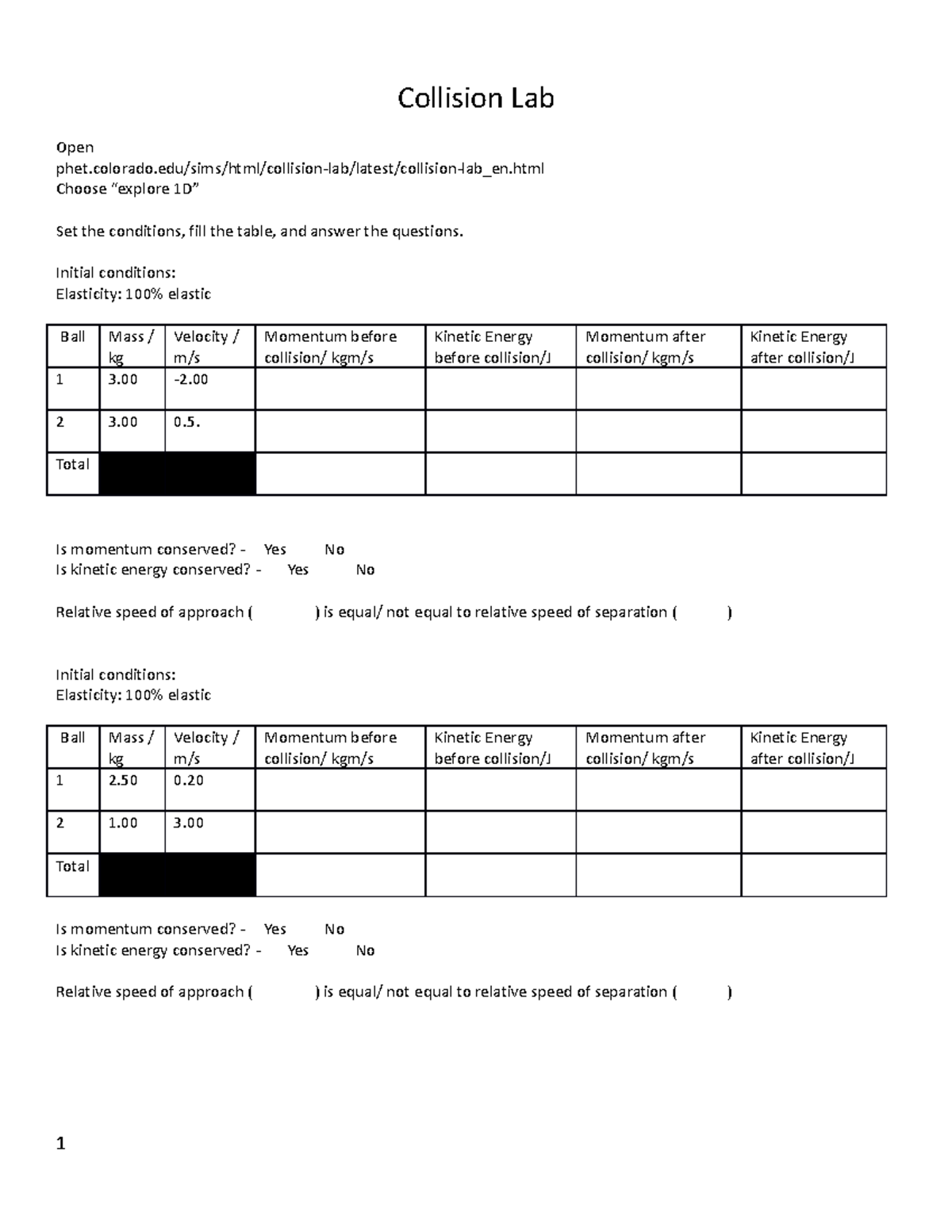 Collision Lab 1D and 2D - naa - Collision Lab Open - Studocu