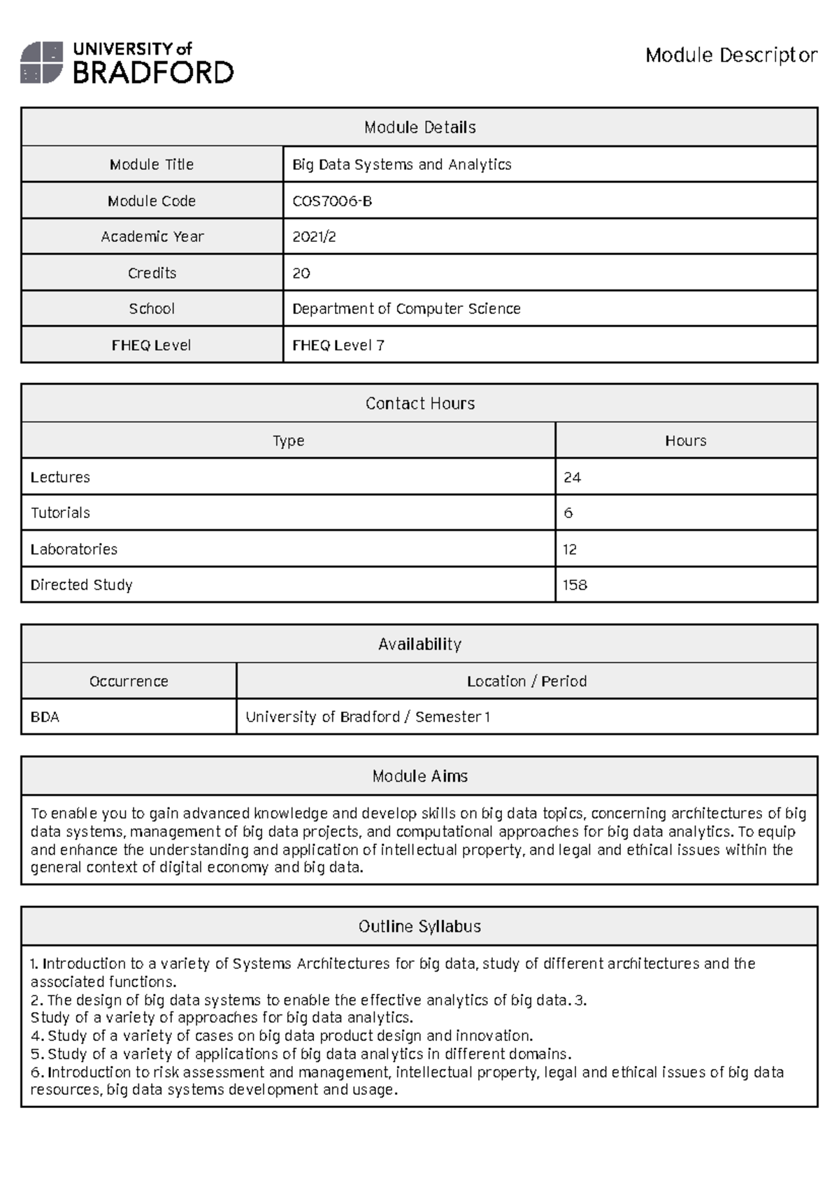 Big Data Systems and Analytics - Module Descriptor Module Details ...