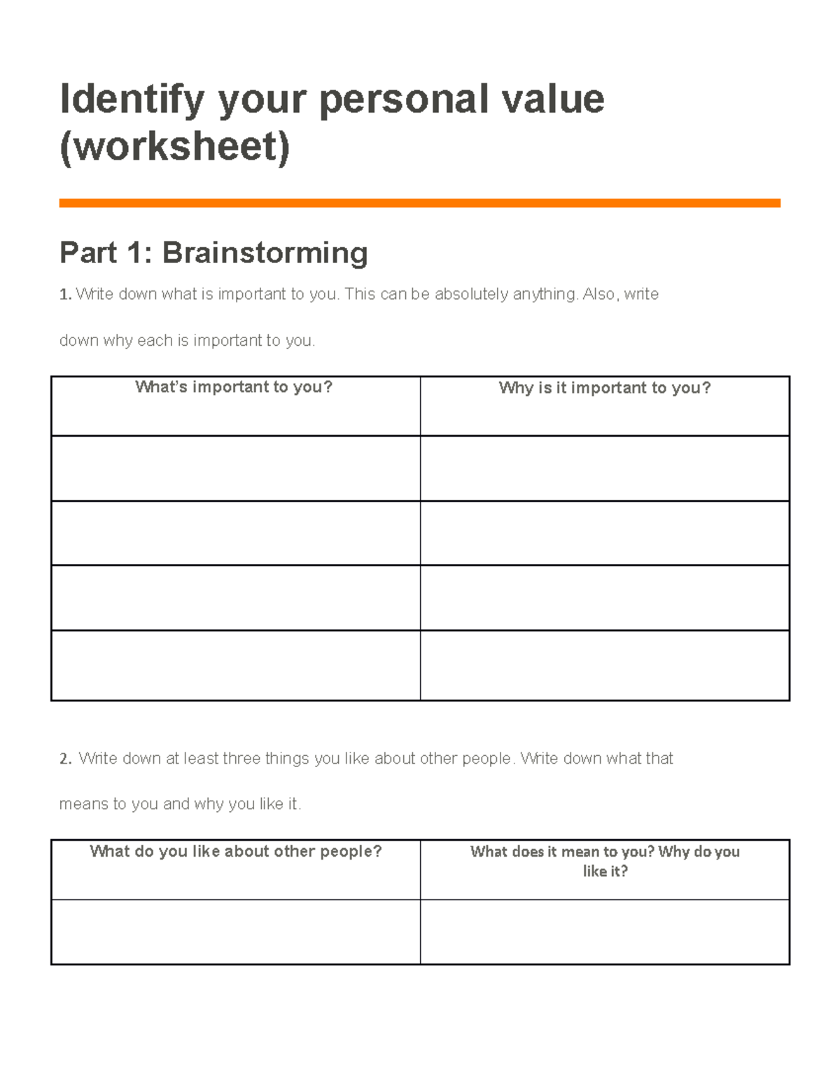 Identify your personal value worksheet - Identify your personal value ...