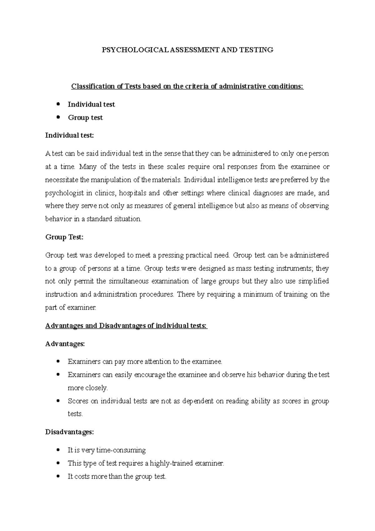 Administrative conditions - PSYCHOLOGICAL ASSESSMENT AND TESTING ...