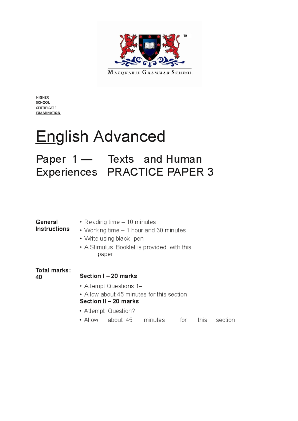 2019 hsc ADV ENG paper 1 practice 3 - HIGHER SCHOOL CERTIFICATE ...
