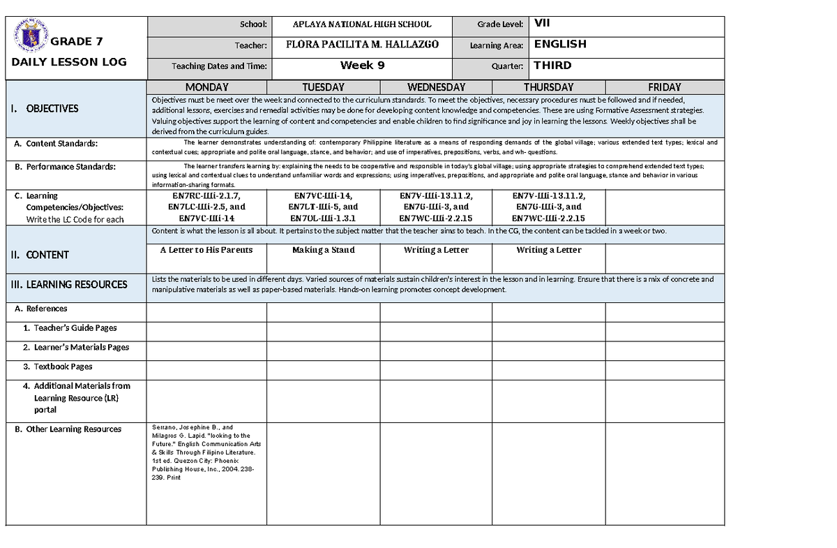 DLL 3rd Qrtr Week 9 - sample dll - GRADE 7 DAILY LESSON LOG School ...