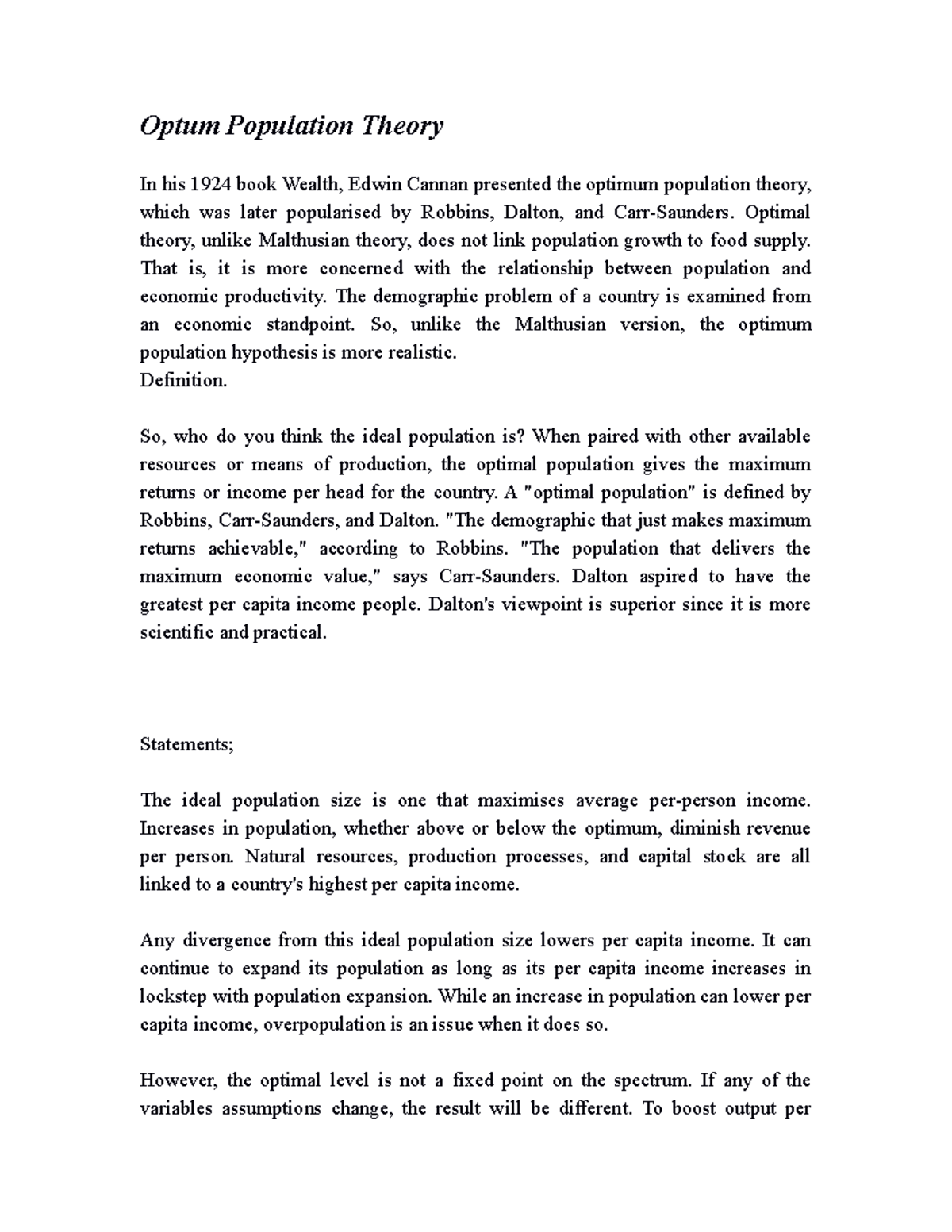 Optum Population Theory - Optimal theory, unlike Malthusian theory ...