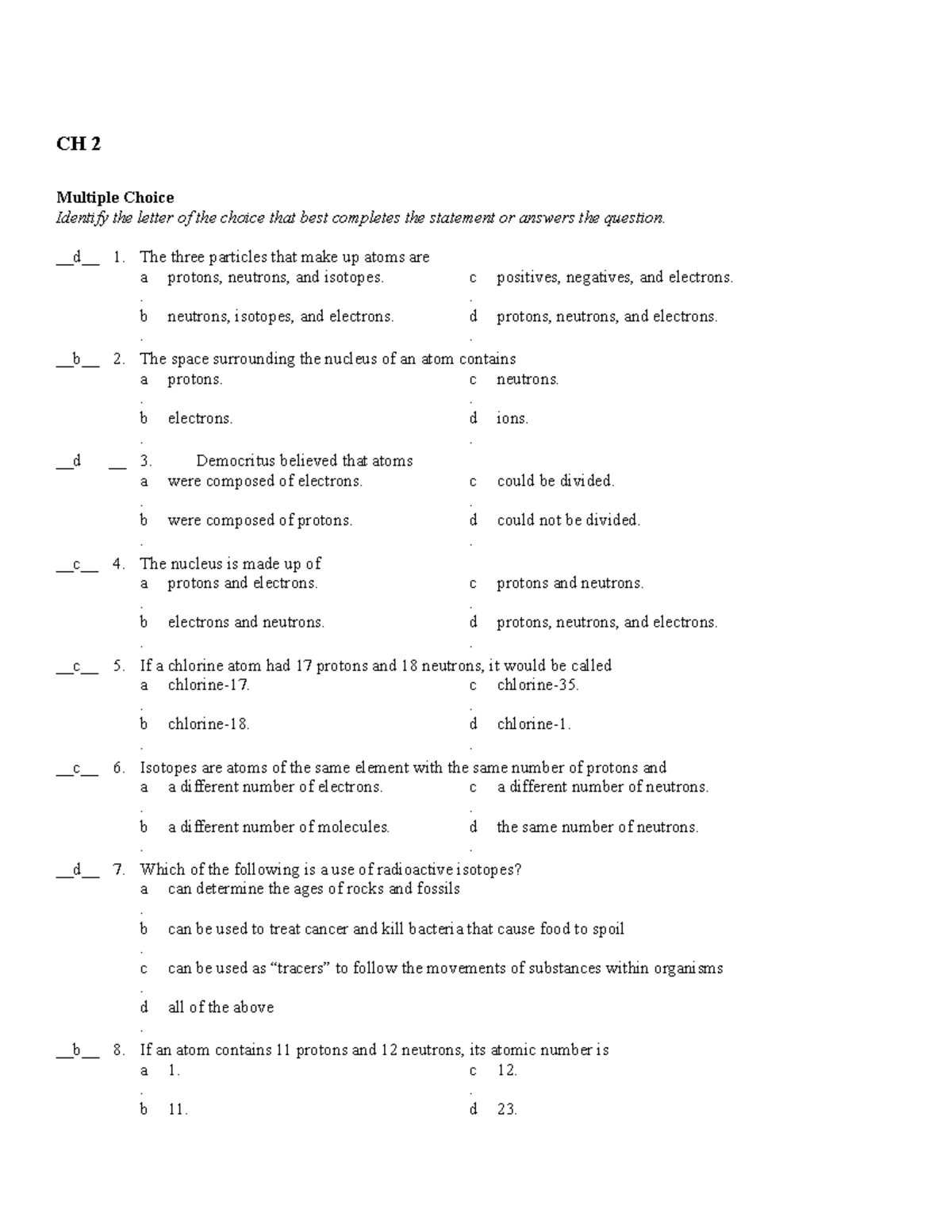 Ch 2bio - Study guide - CH 2 Multiple Choice Identify the letter of the ...