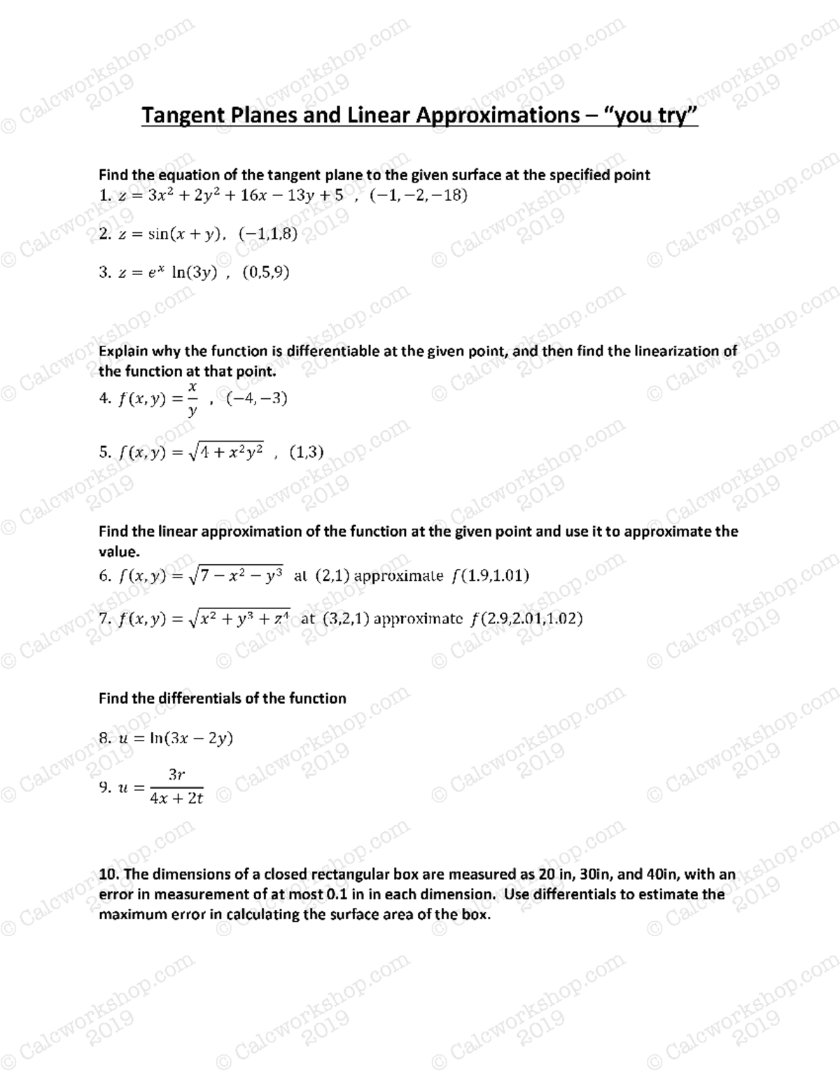 C3 Tangent Planes And Linear Approximations Practice Tangent Planes